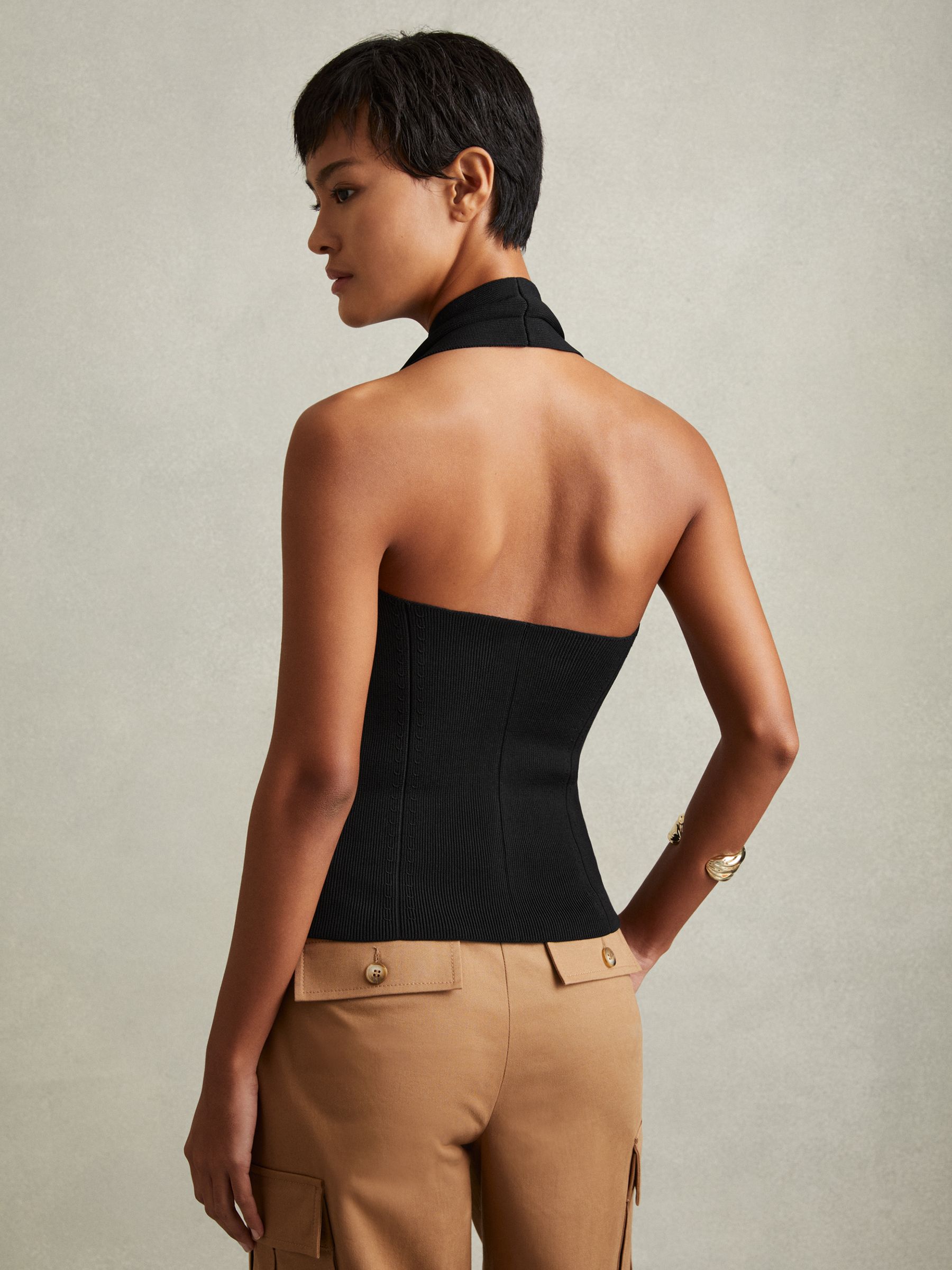 Reiss Knitted Panelled Halter Neck Top in Black - REISS