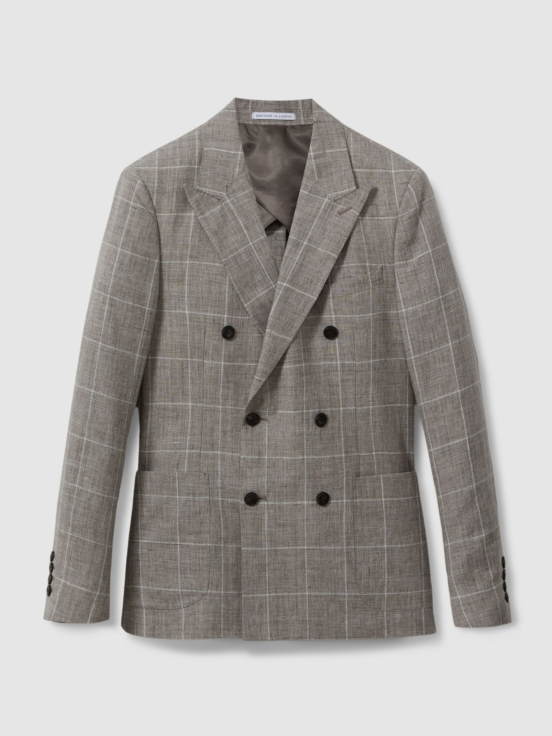 Reiss Linen Double Breasted Check Blazer in Light Taupe - REISS