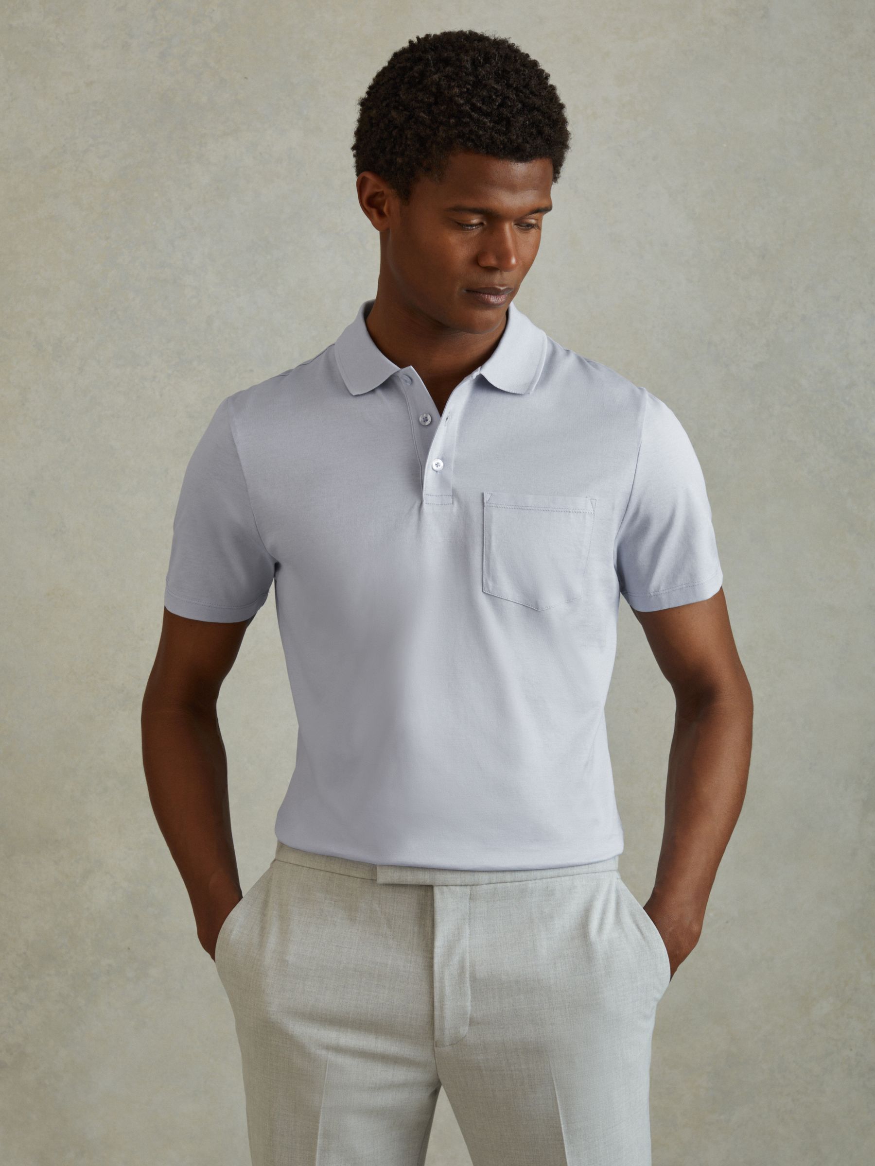 Reiss Austin Soft Blue Mercerised 100% Cotton Polo Shirt - REISS