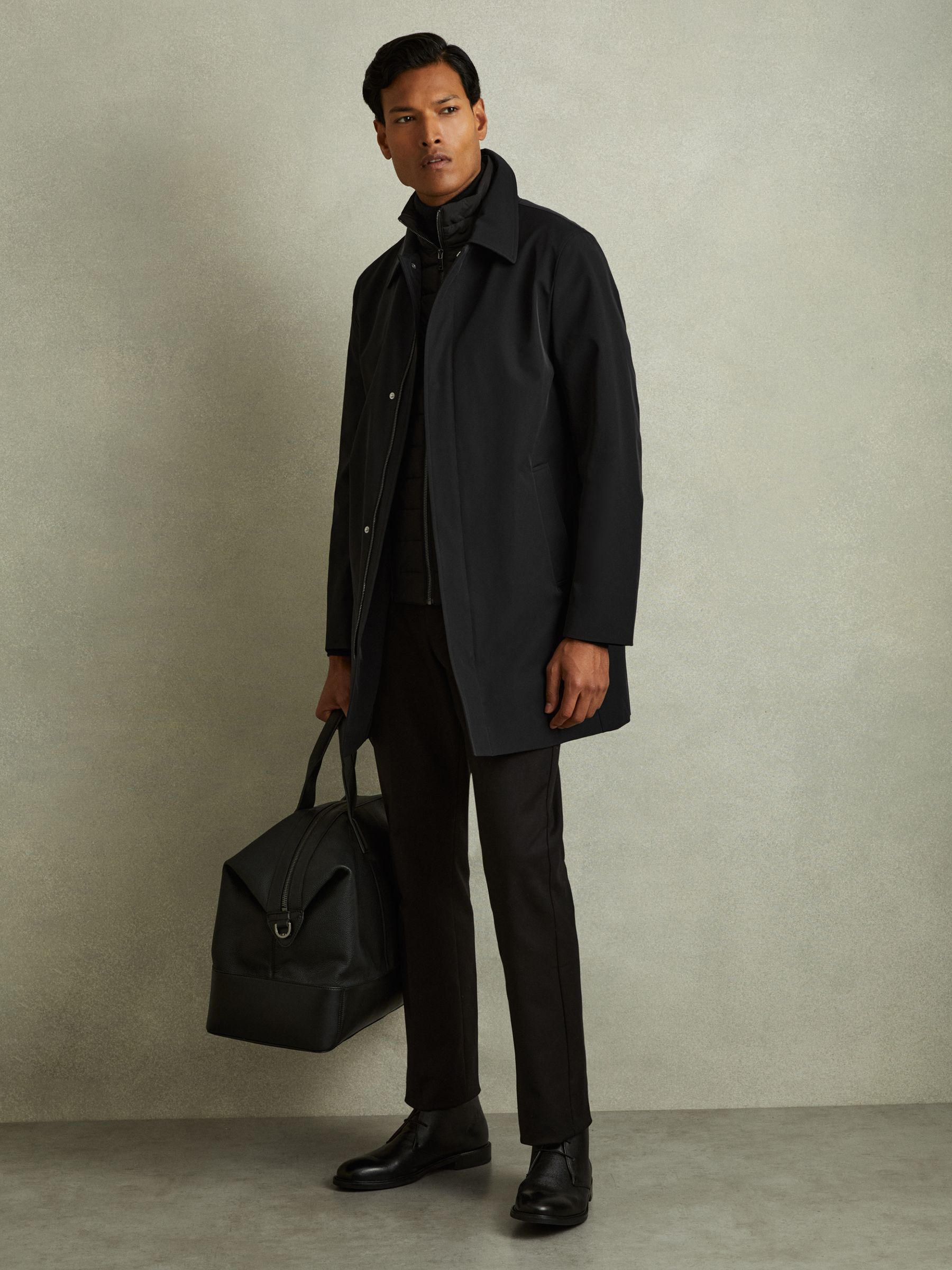 Reiss Hybrid Removable Funnel Neck Overcoat in Black | REISS