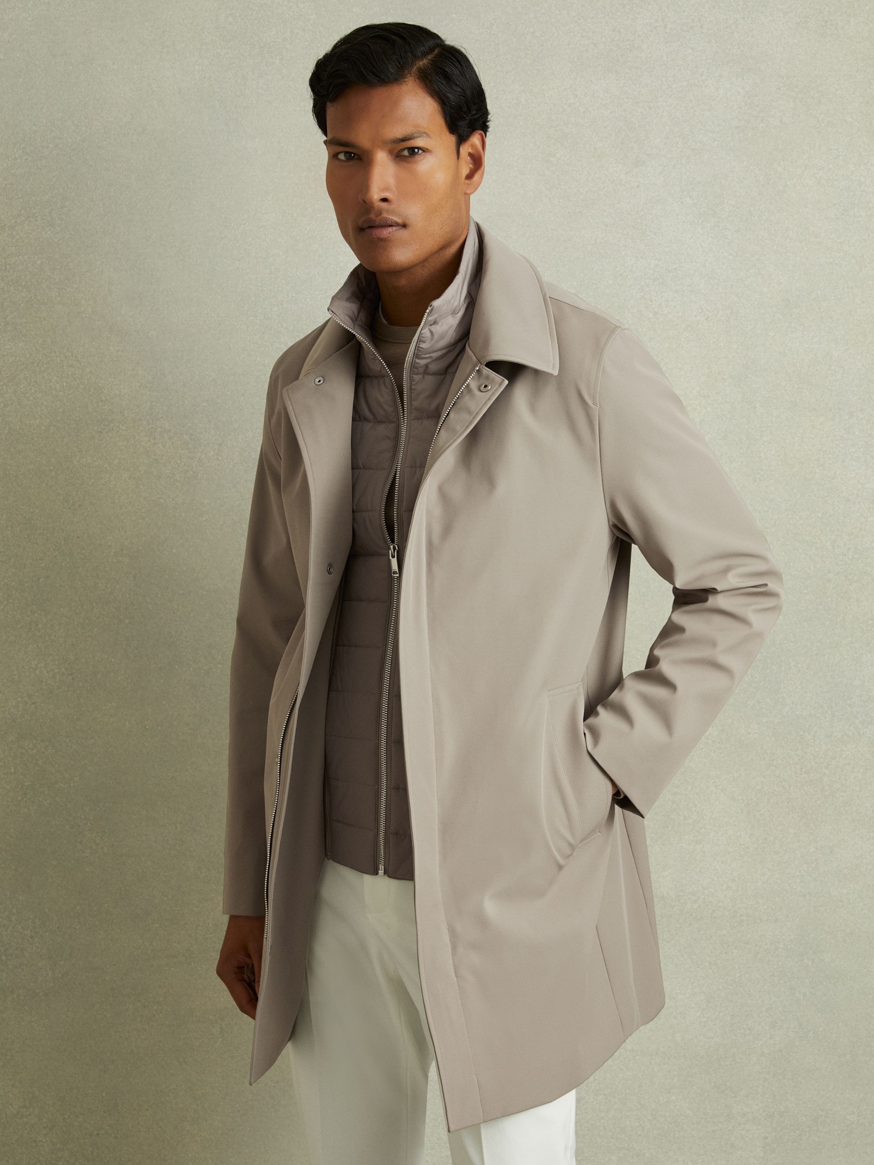 Reiss Hybrid Removable Funnel Neck Overcoat in Taupe - REISS