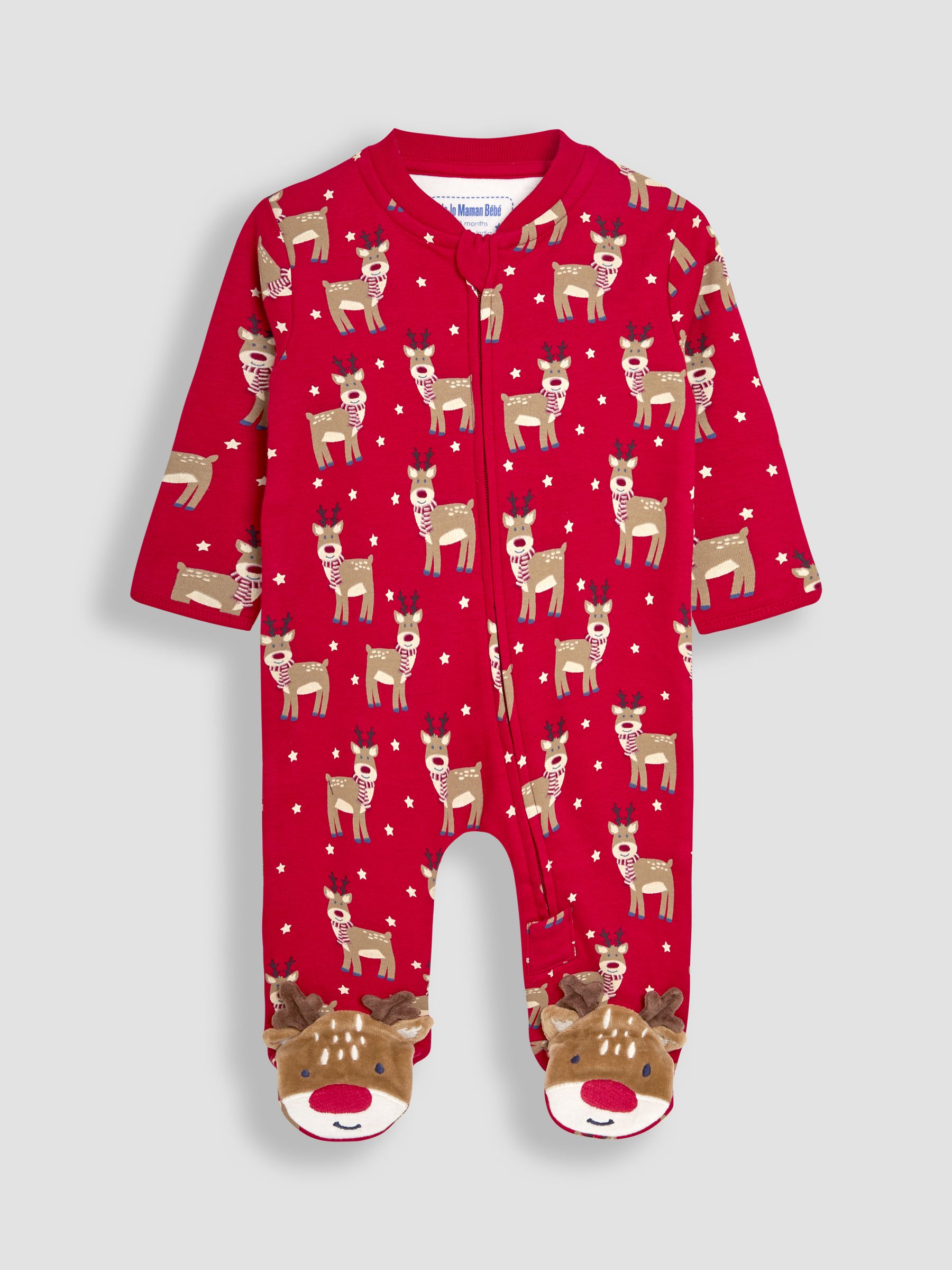 Red Cotton Christmas Print Zip Sleepsuit | JoJo Maman Bébé