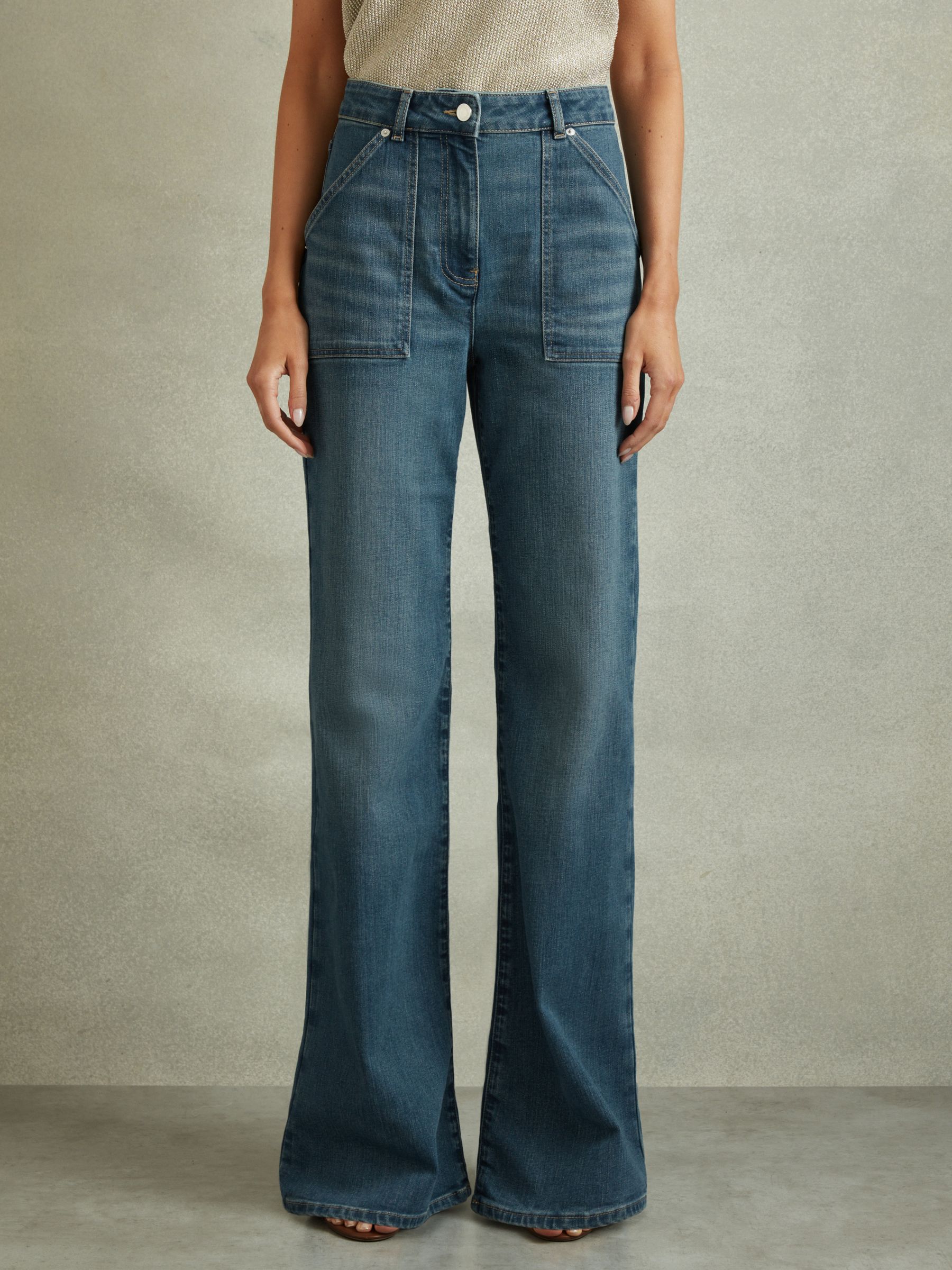 Reiss Mid Rise Flared Utility Jeans in Mid Blue - REISS