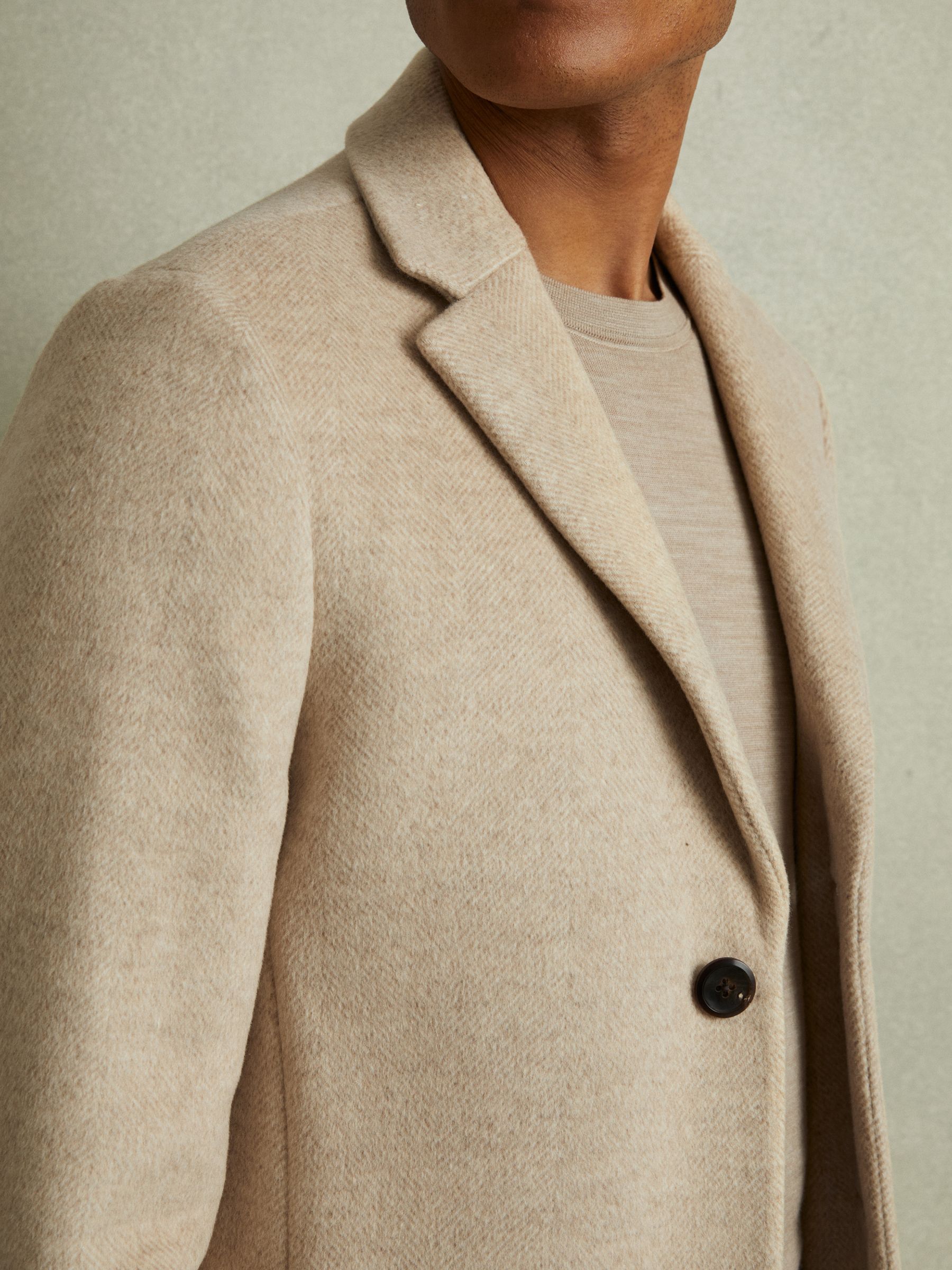 Reiss Wool Blend Single Breasted Epsom Overcoat in Oatmeal Herringbone ...