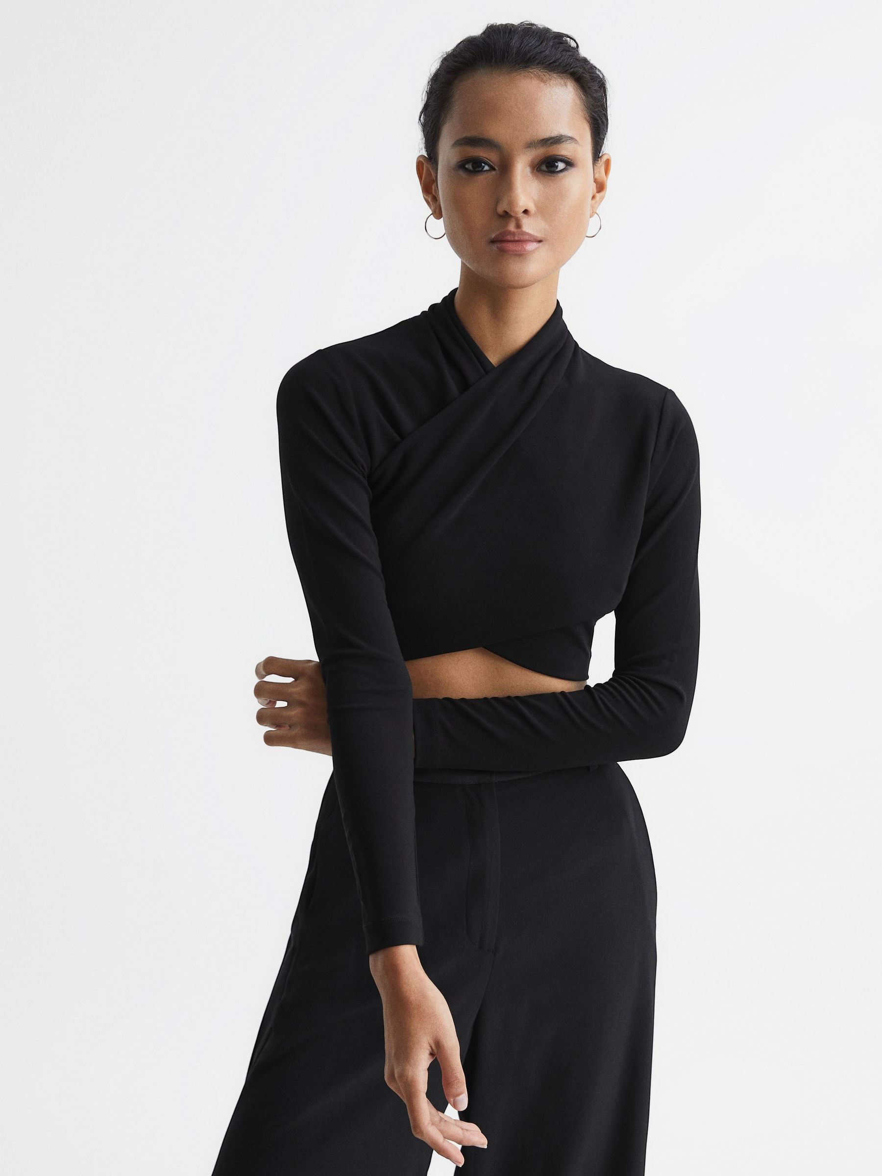 Reiss Cross Front Crop Top in Black | REISS