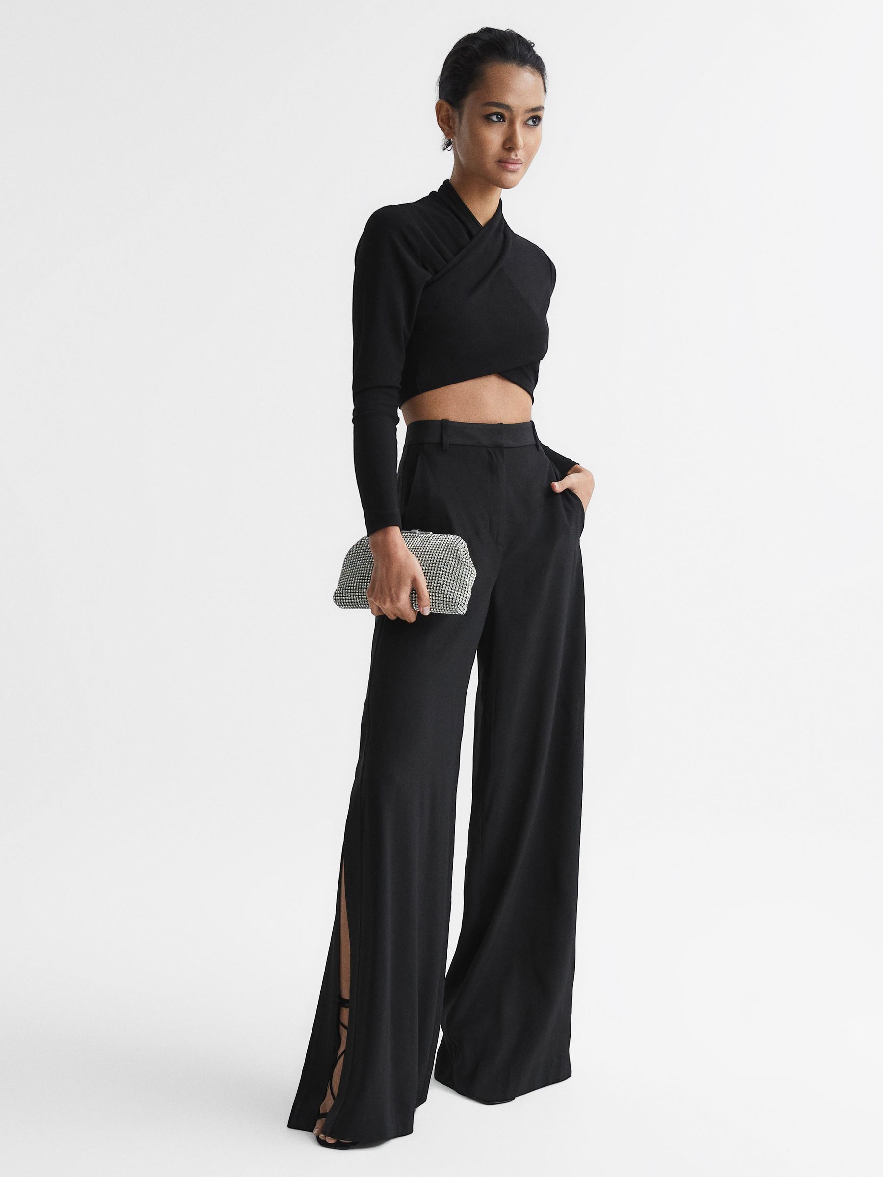 Reiss Cross Front Crop Top in Black | REISS