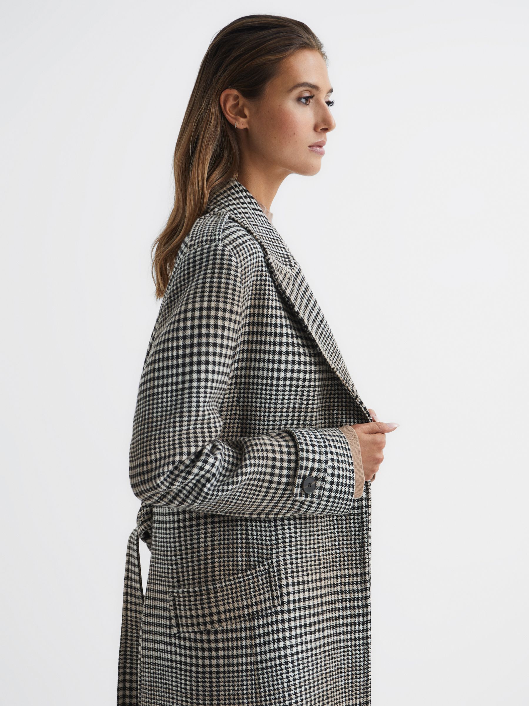 Reiss Wool Blend Checked Trench Overcoat in Black/White | REISS