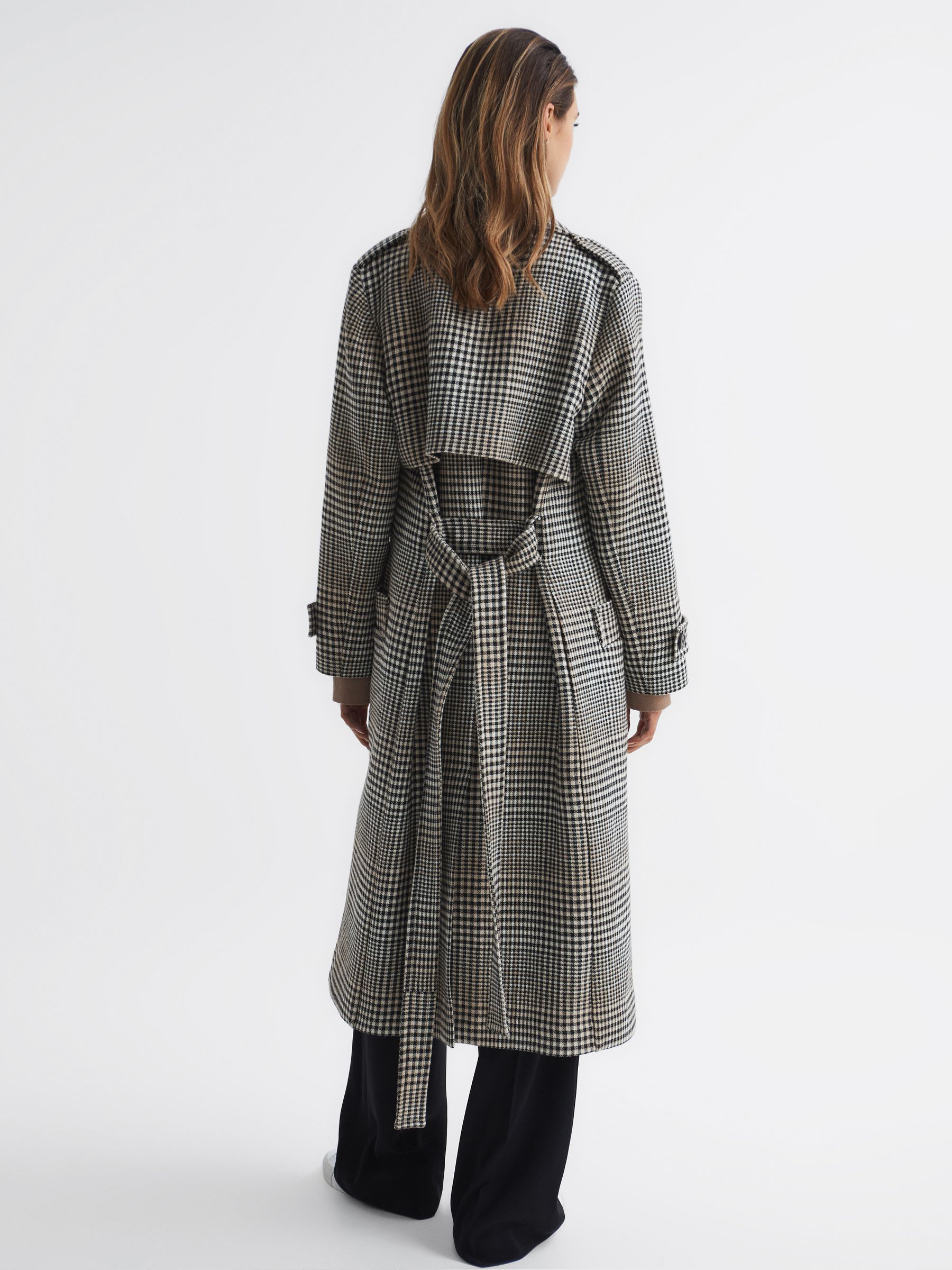 Reiss Wool Blend Checked Trench Overcoat in Black/White | REISS
