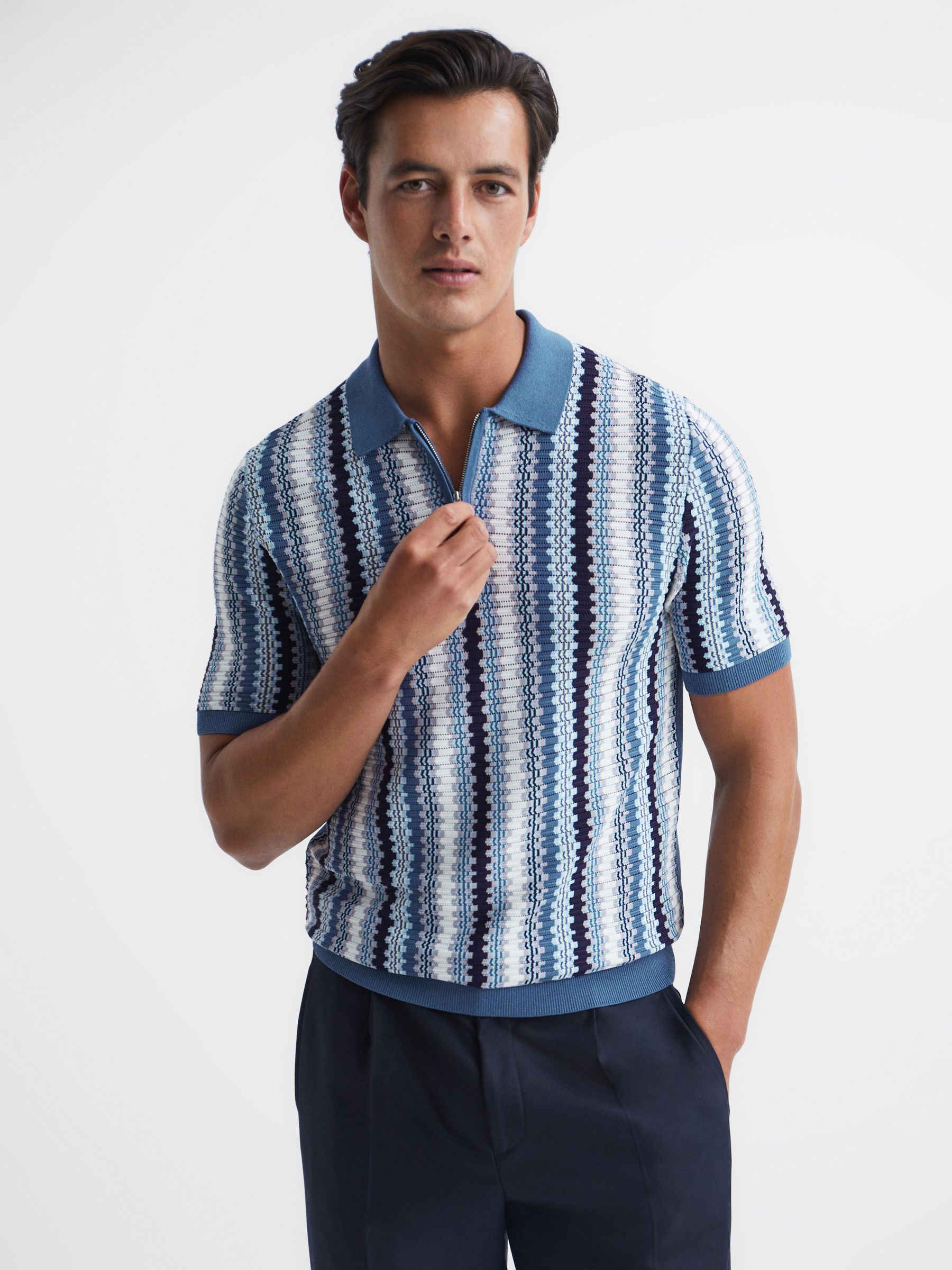 Reiss Slim Fit Half Zip Stripe Polo Shirt in Airforce Blue | REISS