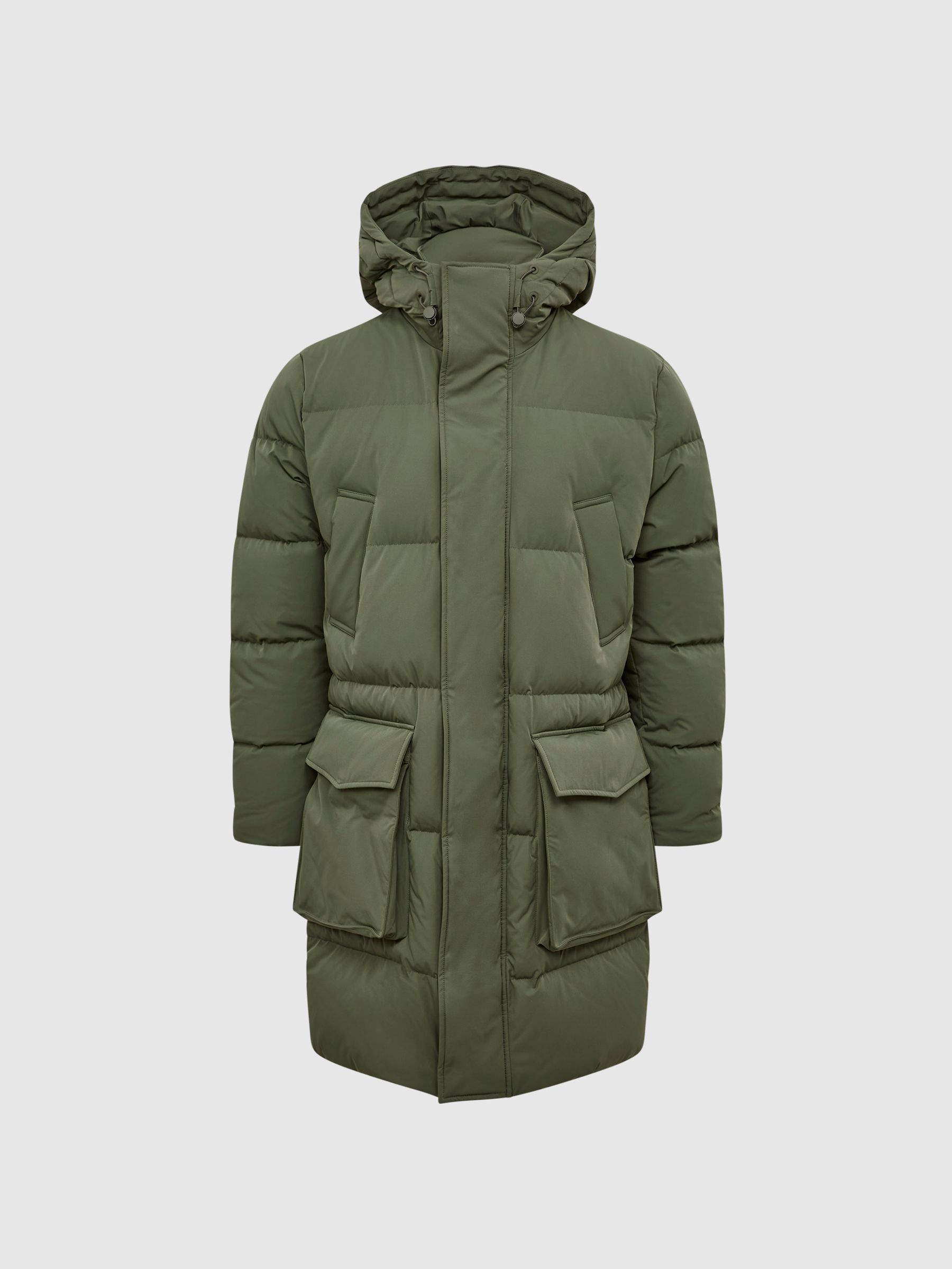 Reiss Hooded Mid Length Puffer Jacket in Khaki - REISS