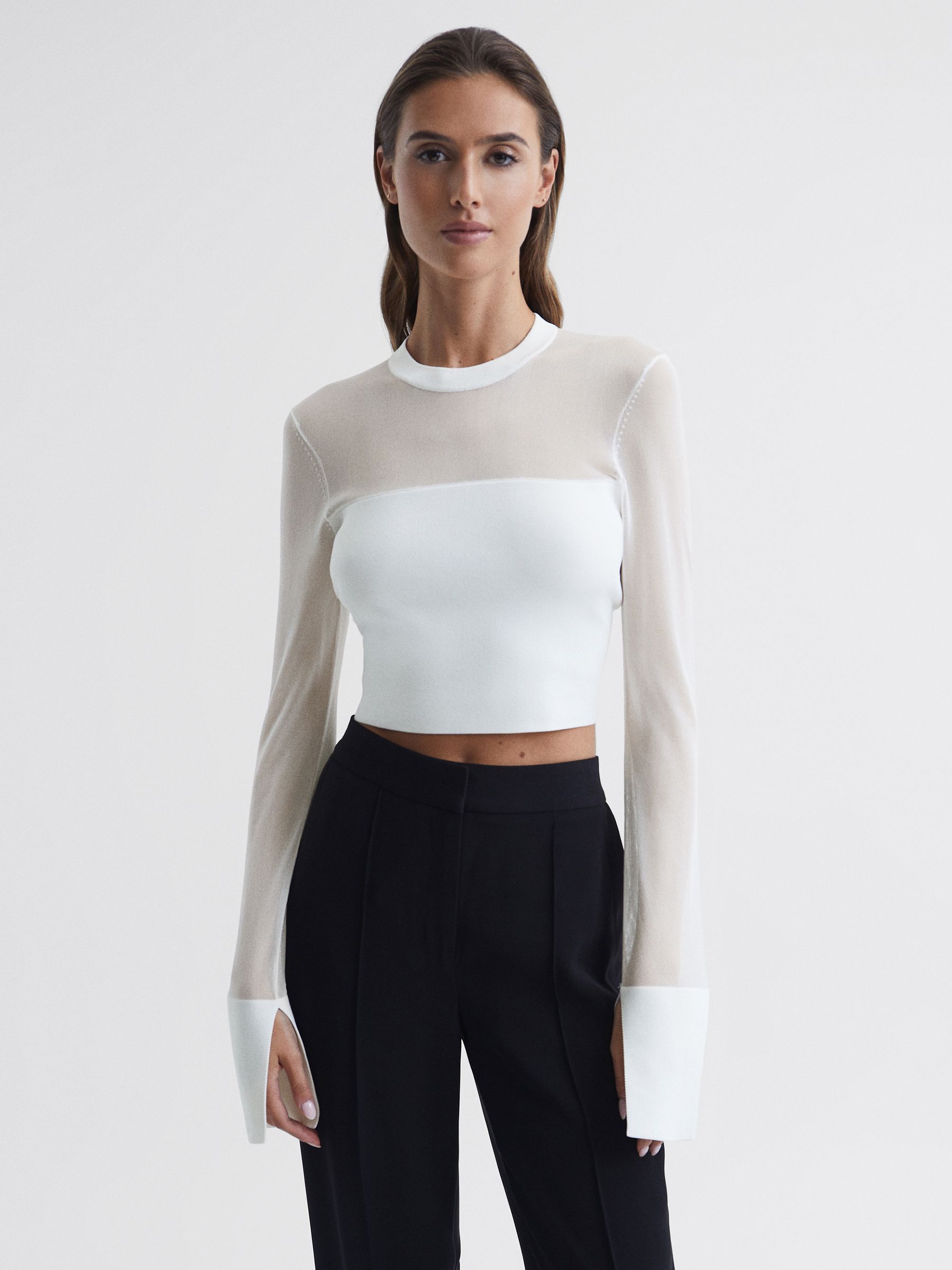 Reiss Sheer Block Crop Top in Ivory | REISS