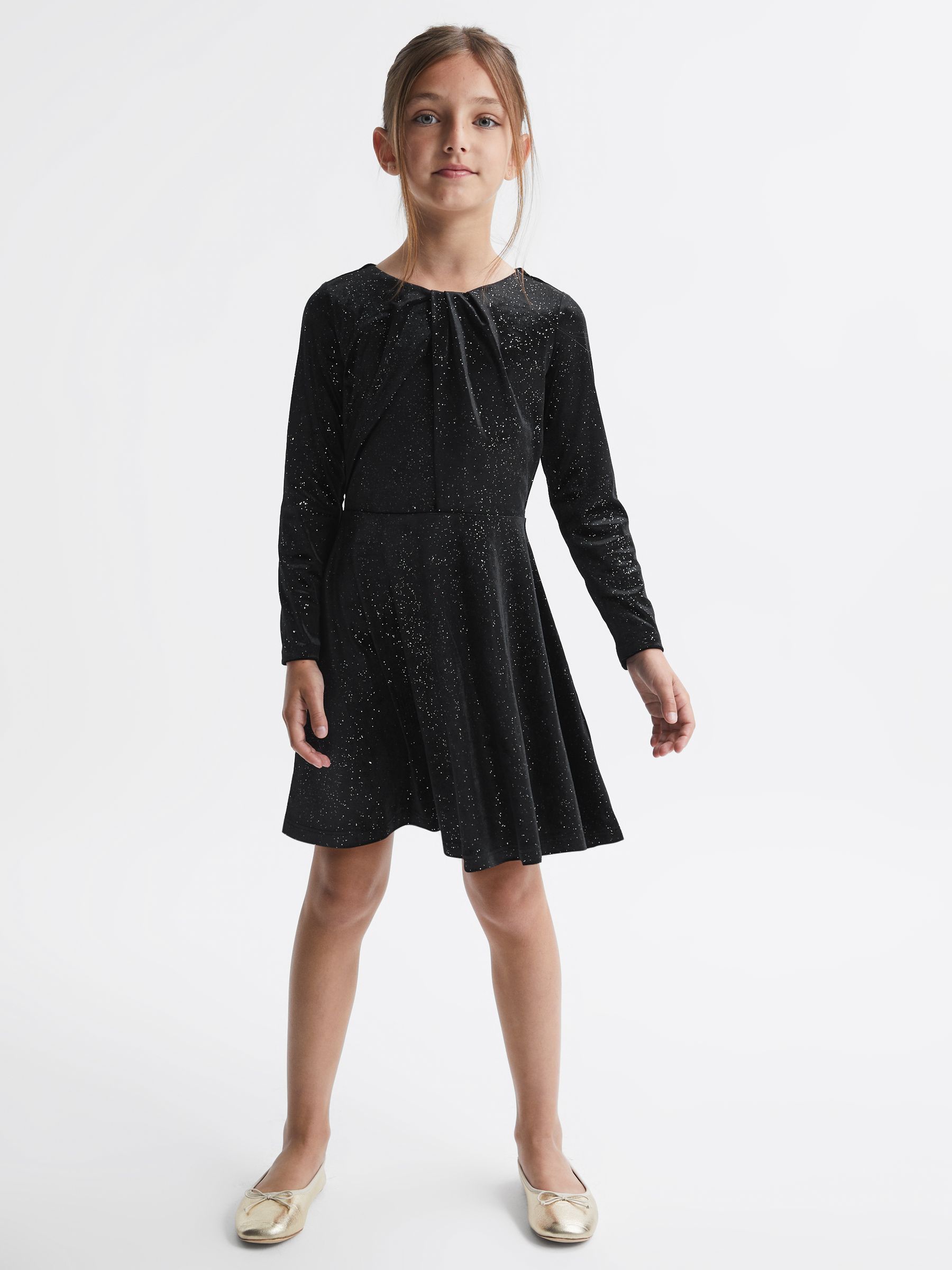 Reiss Senior Velour Sparkly Flared Dress in Black - REISS