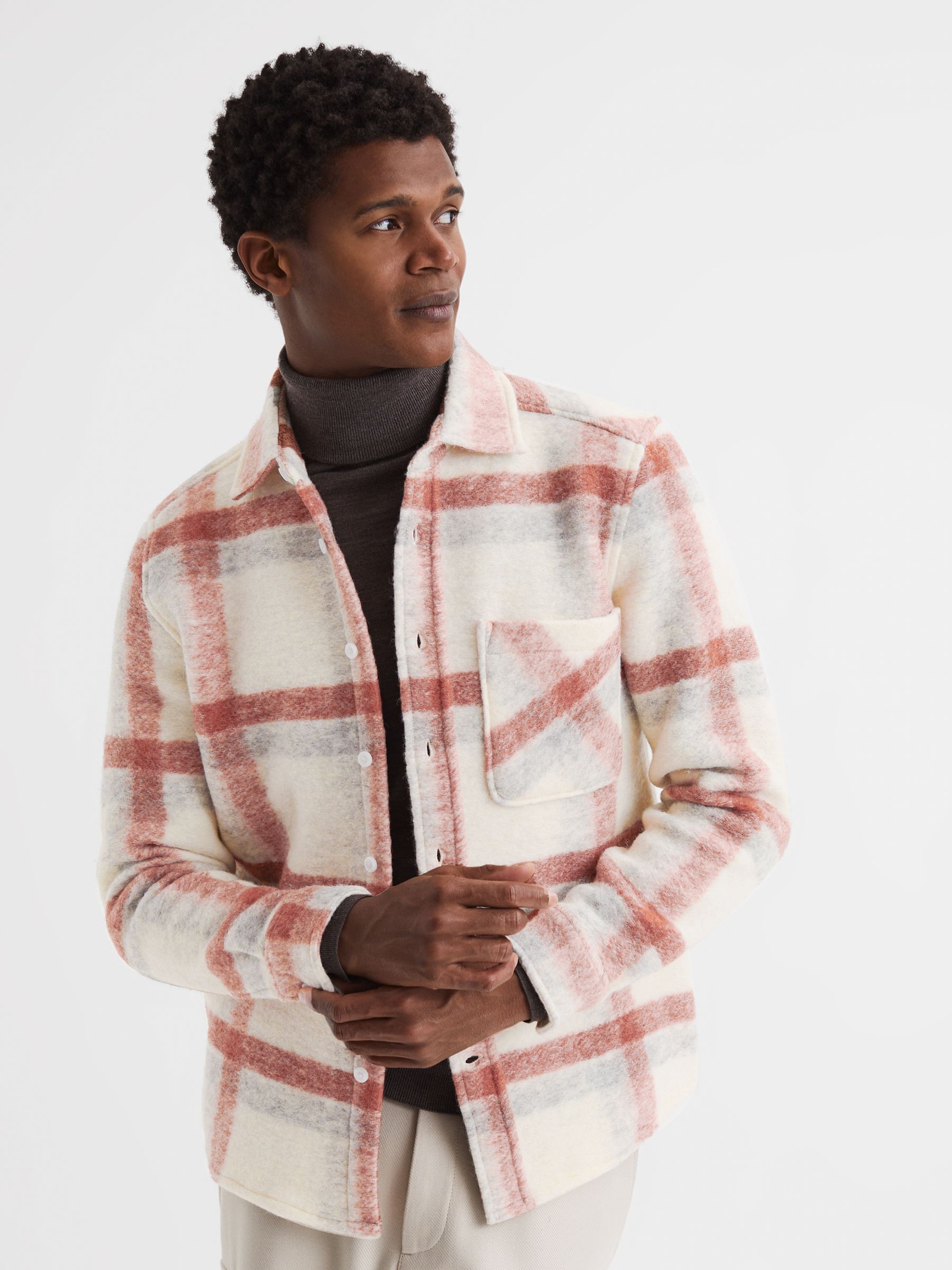 Reiss Brushed Checked Overshirt in Rust/Ecru | REISS