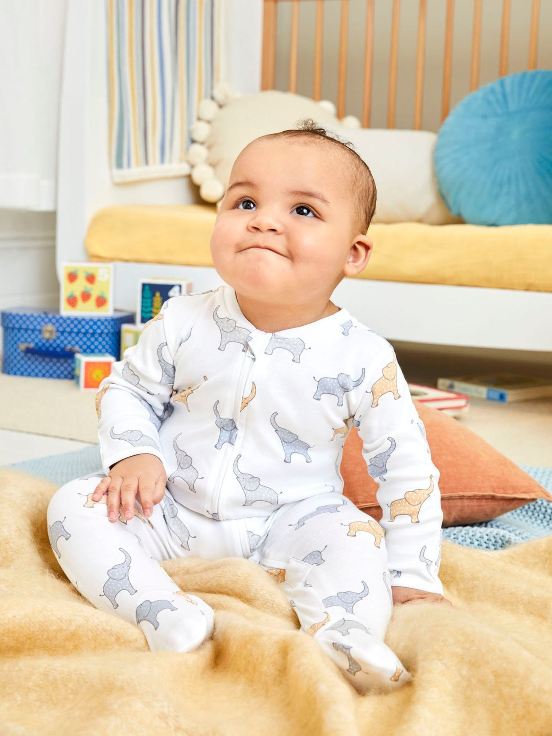 White Elephant Print Zip Cotton Baby Sleepsuit | JoJo Maman Bébé