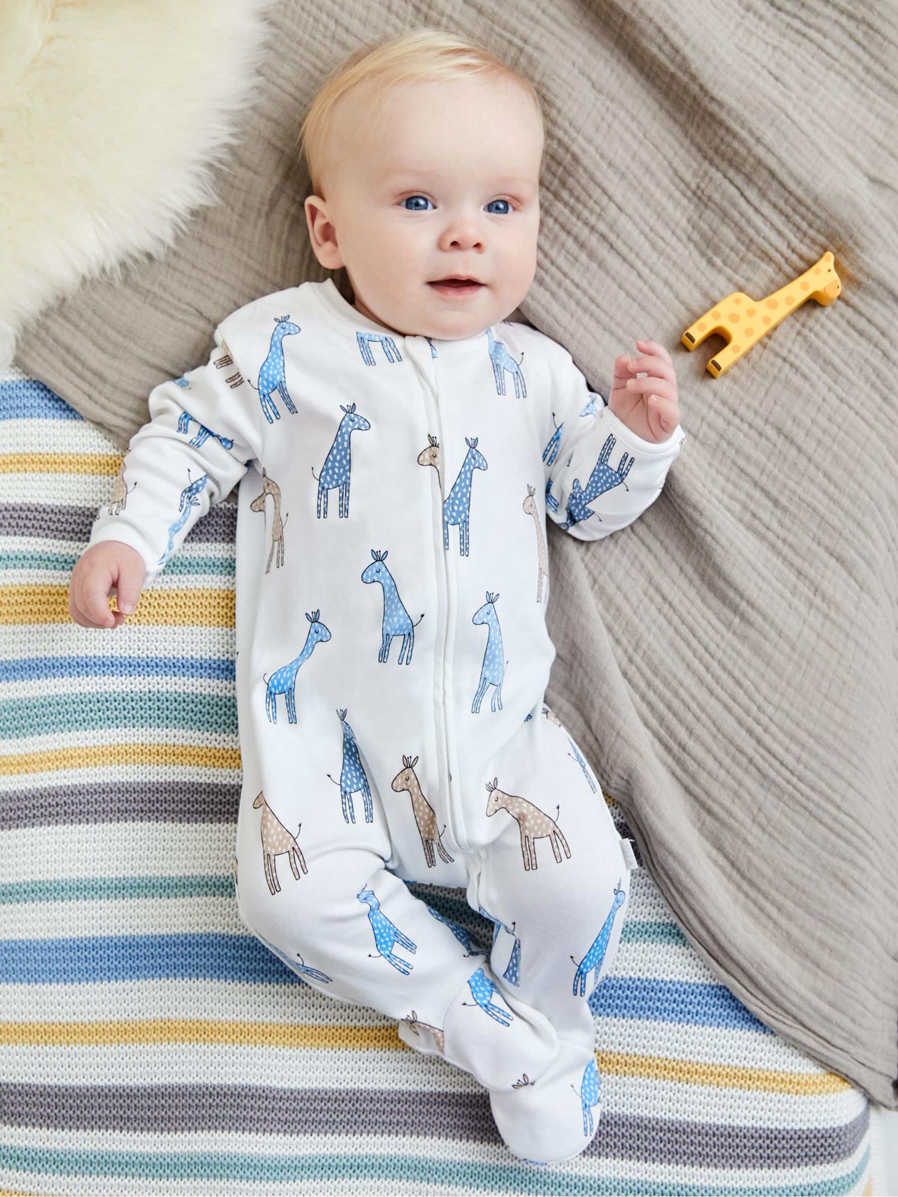 White Giraffe Print Zip Cotton Baby Sleepsuit | JoJo Maman Bébé