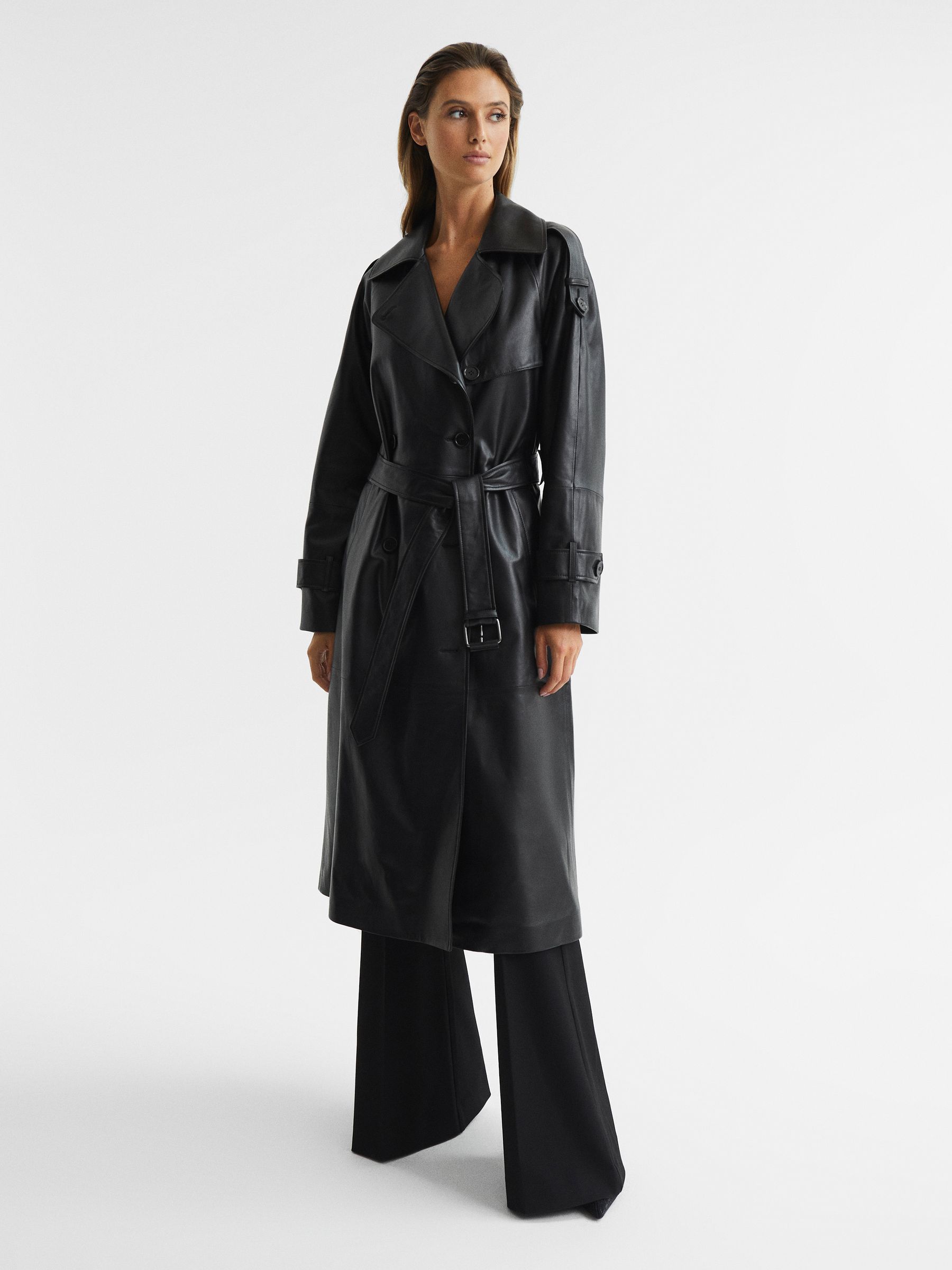 Reiss Leather Trench Coat in Black | REISS