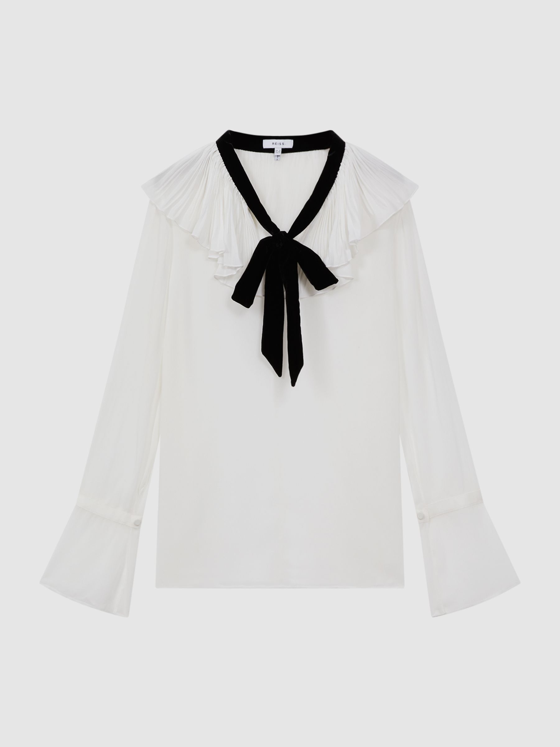 Reiss Sheer Ruffle Velvet Tie-Neck Blouse in Cream/Black | REISS