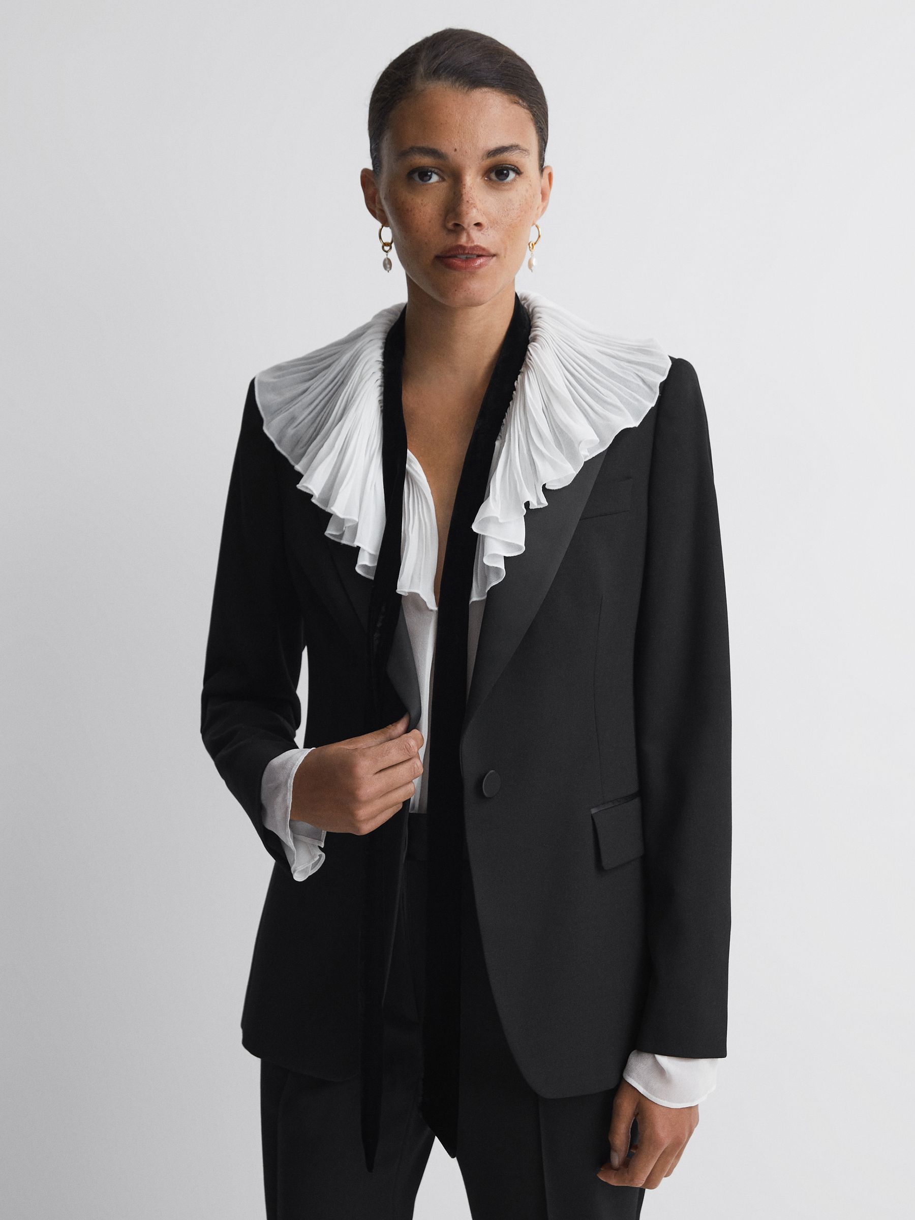 Reiss Sheer Ruffle Velvet Tie-Neck Blouse in Cream/Black - REISS