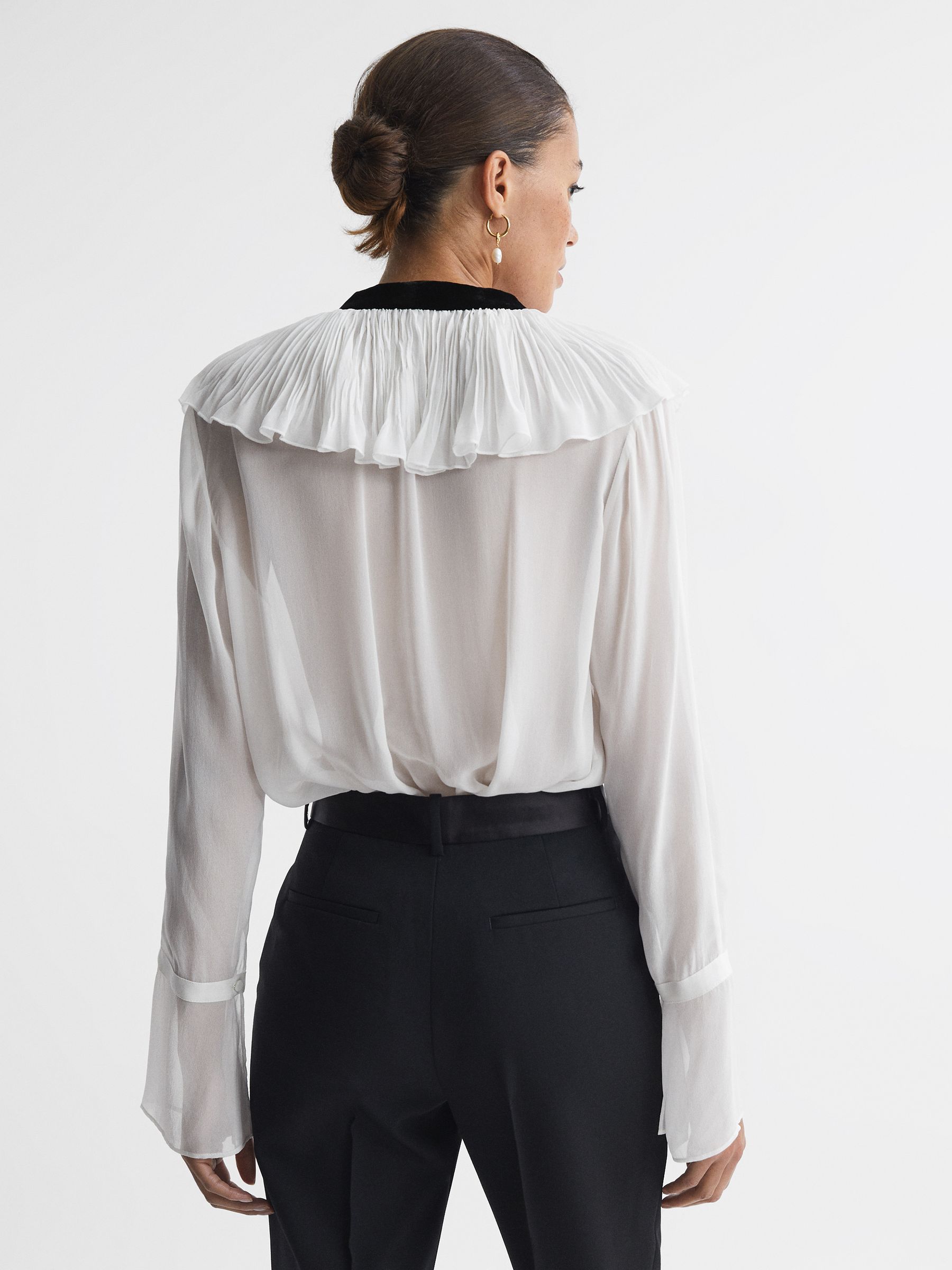 Reiss Sheer Ruffle Velvet Tie-Neck Blouse in Cream/Black - REISS