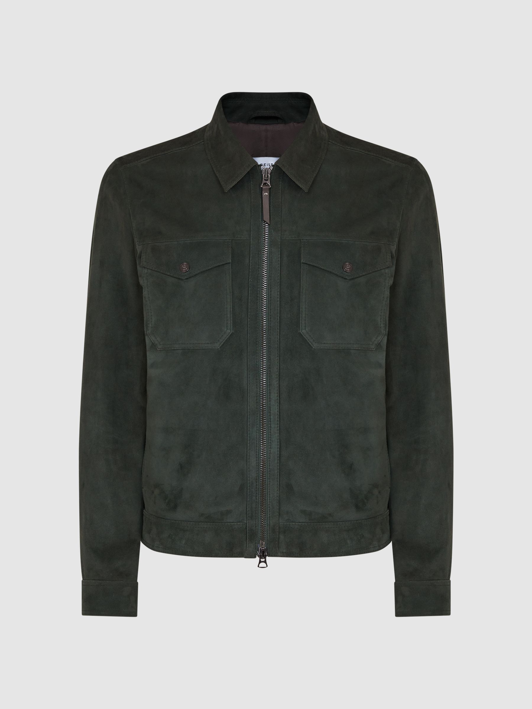 Reiss Suede Zip-Through Trucker Jacket in Forest Green | REISS
