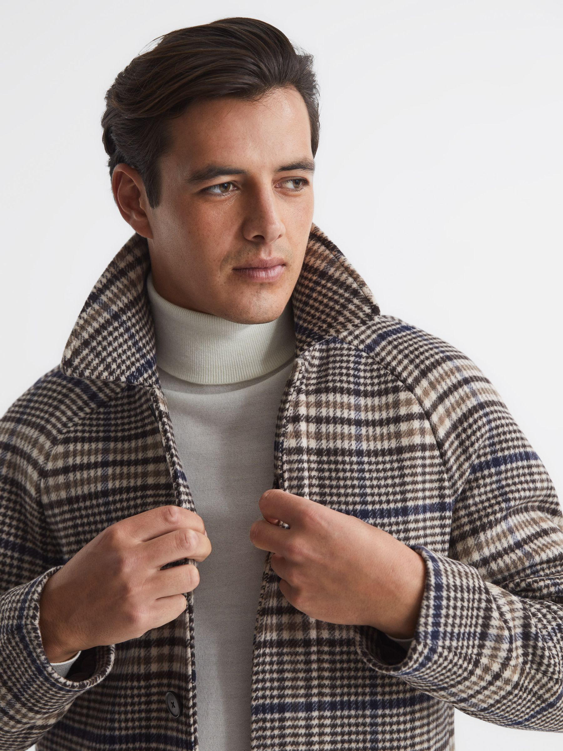 Reiss Wool Blend Raglan Check Coat in Brown Check - REISS