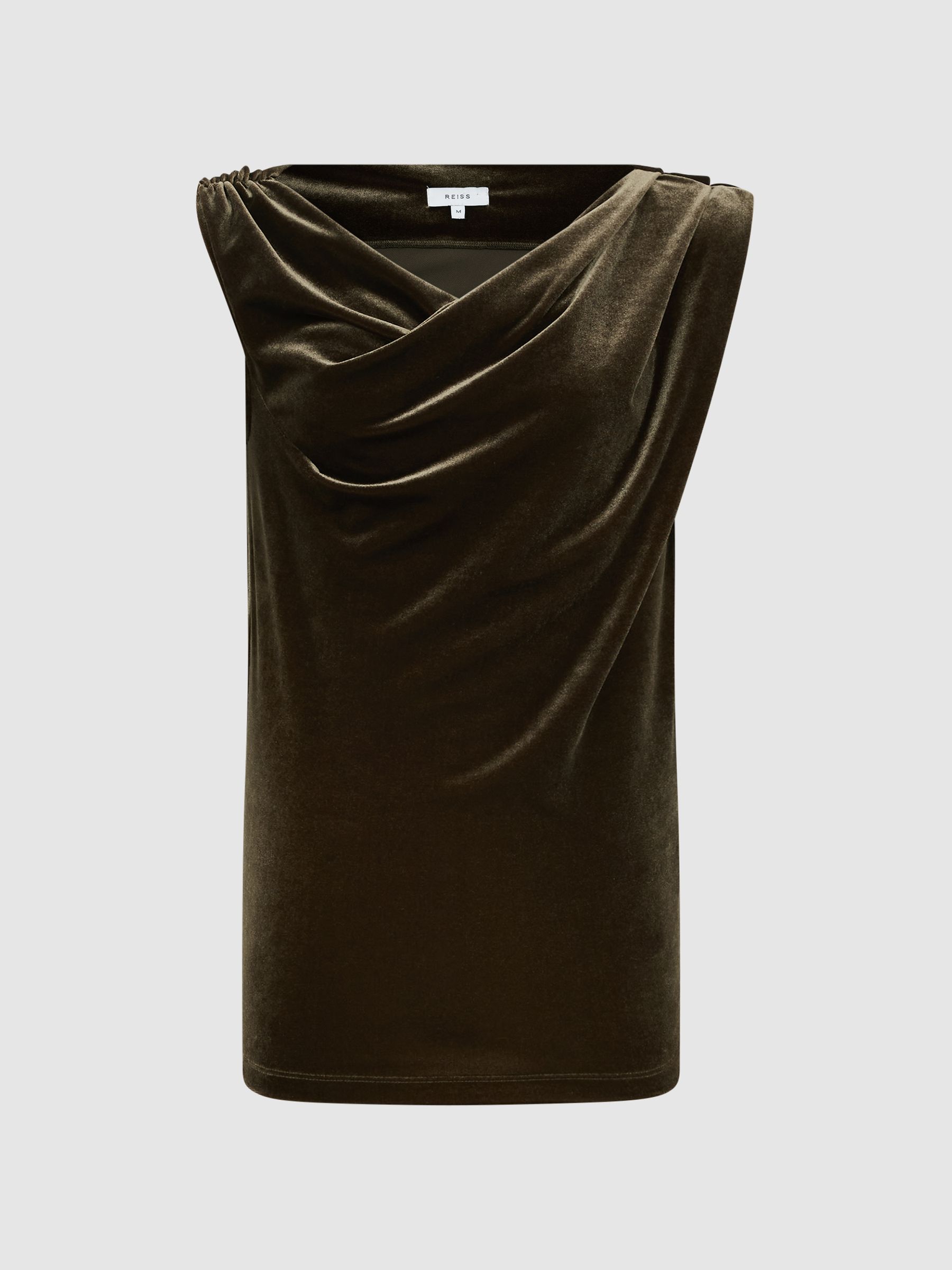 Reiss Velvet Short Sleeve Drape Top in Khaki | REISS