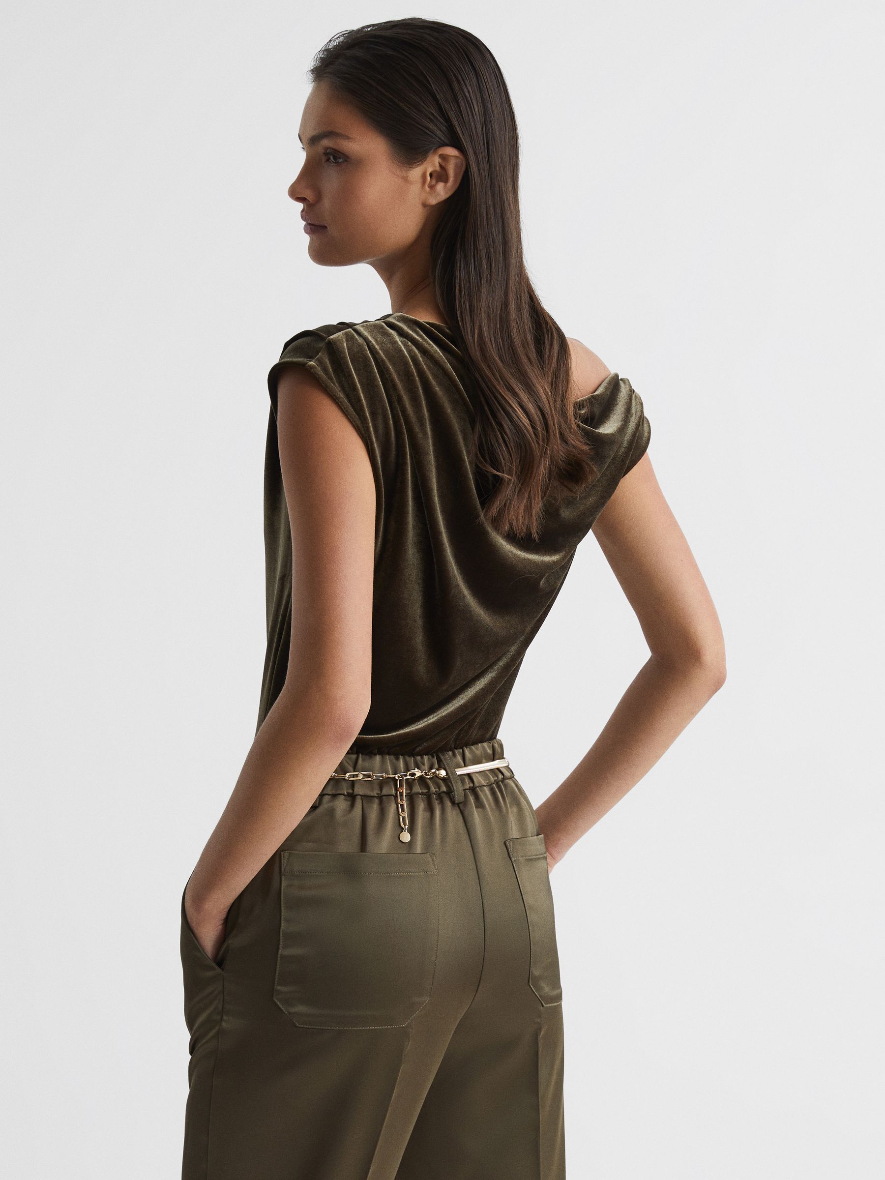 Reiss Velvet Short Sleeve Drape Top in Khaki | REISS