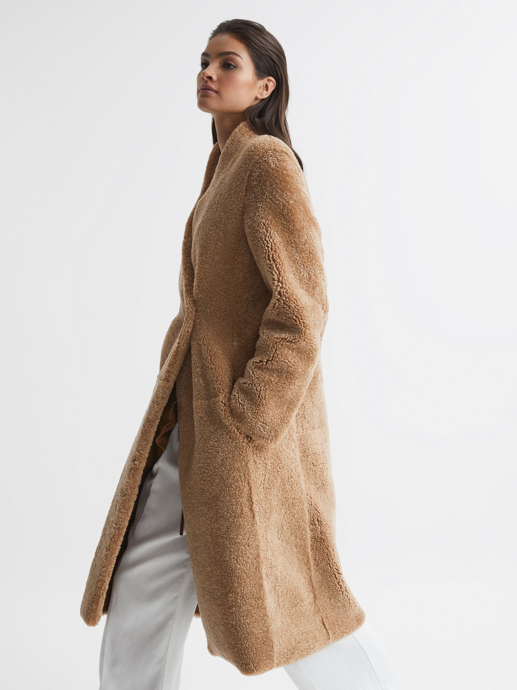 Reiss Reversible Long Shearling Coat in Tan | REISS