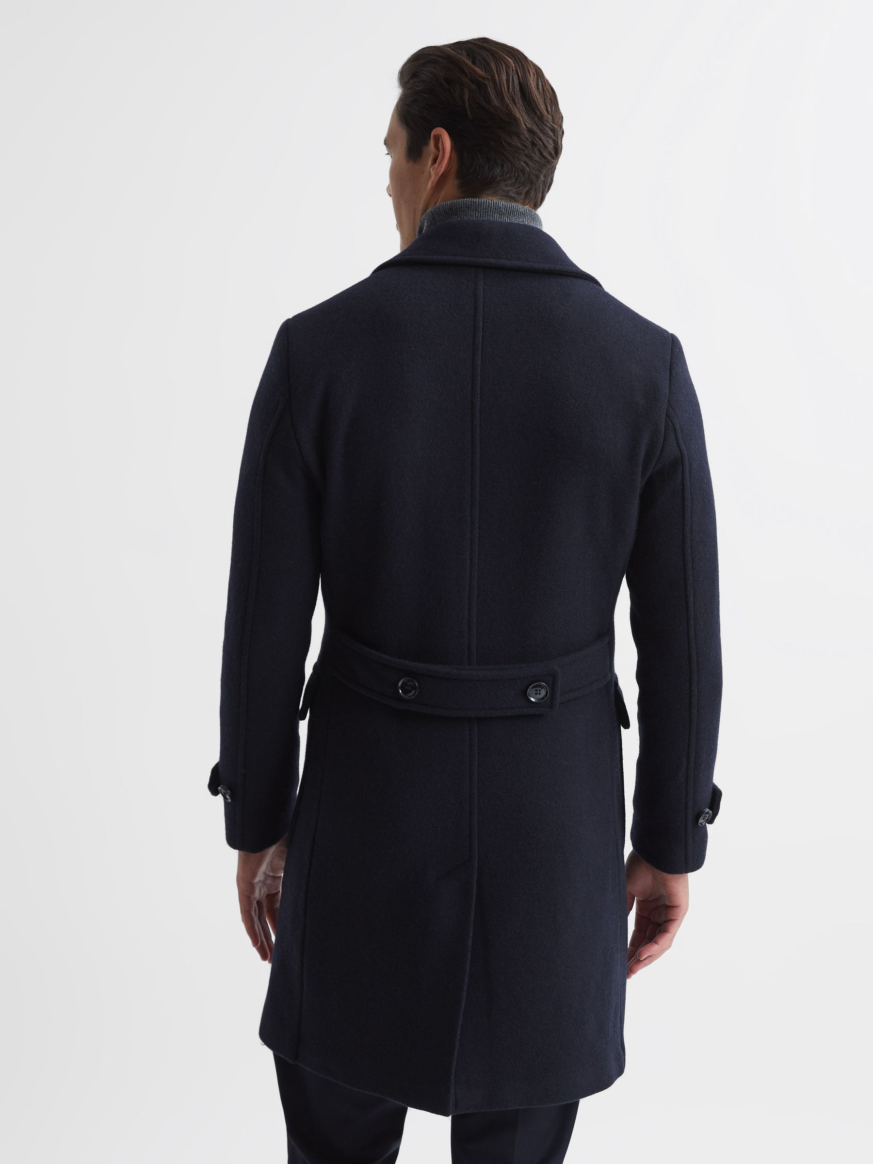 Reiss Double Breasted Wool Blend Military Overcoat in Navy - REISS