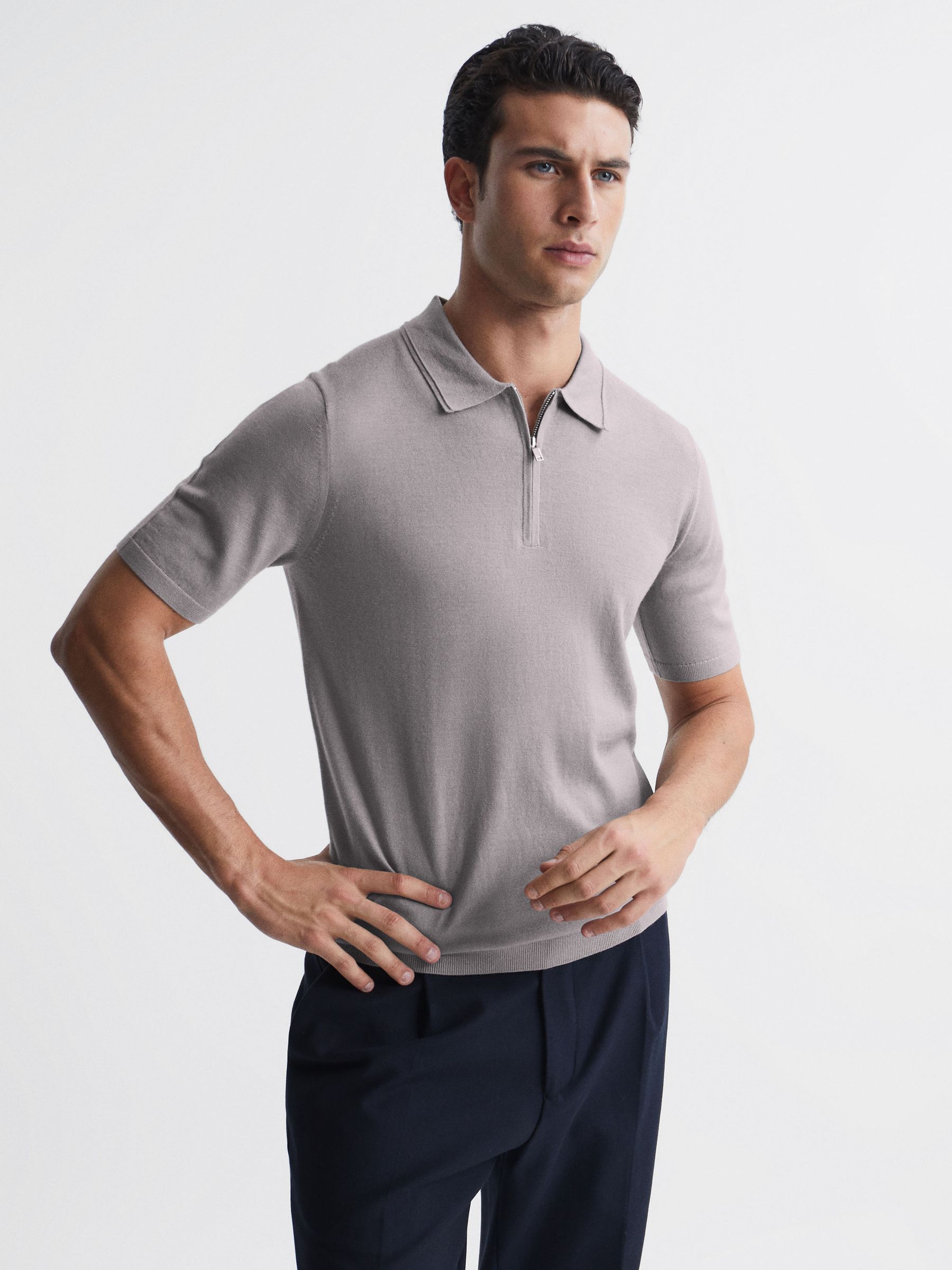 Reiss Merino Zip Neck Polo in Flint Grey - REISS