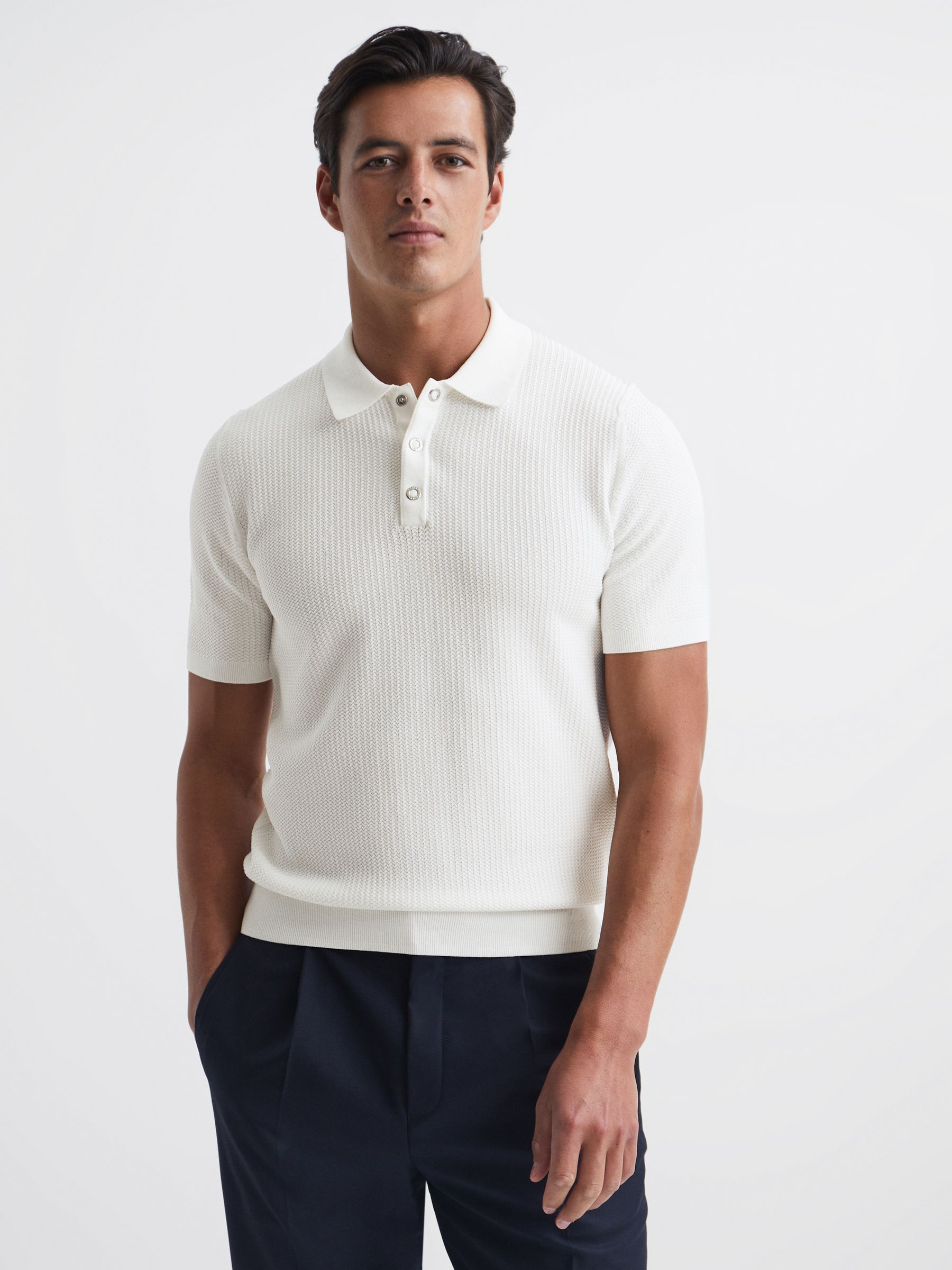 Reiss Press Stud Textured Polo Shirt in White | REISS