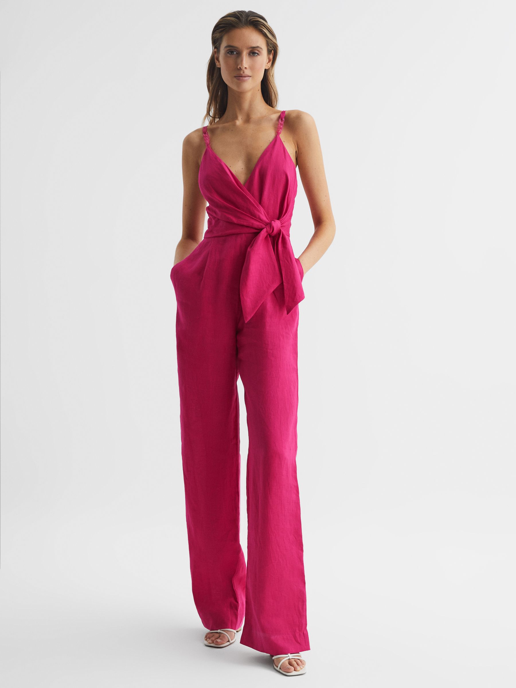 Reiss V-Neck Linen Jumpsuit in Pink - REISS