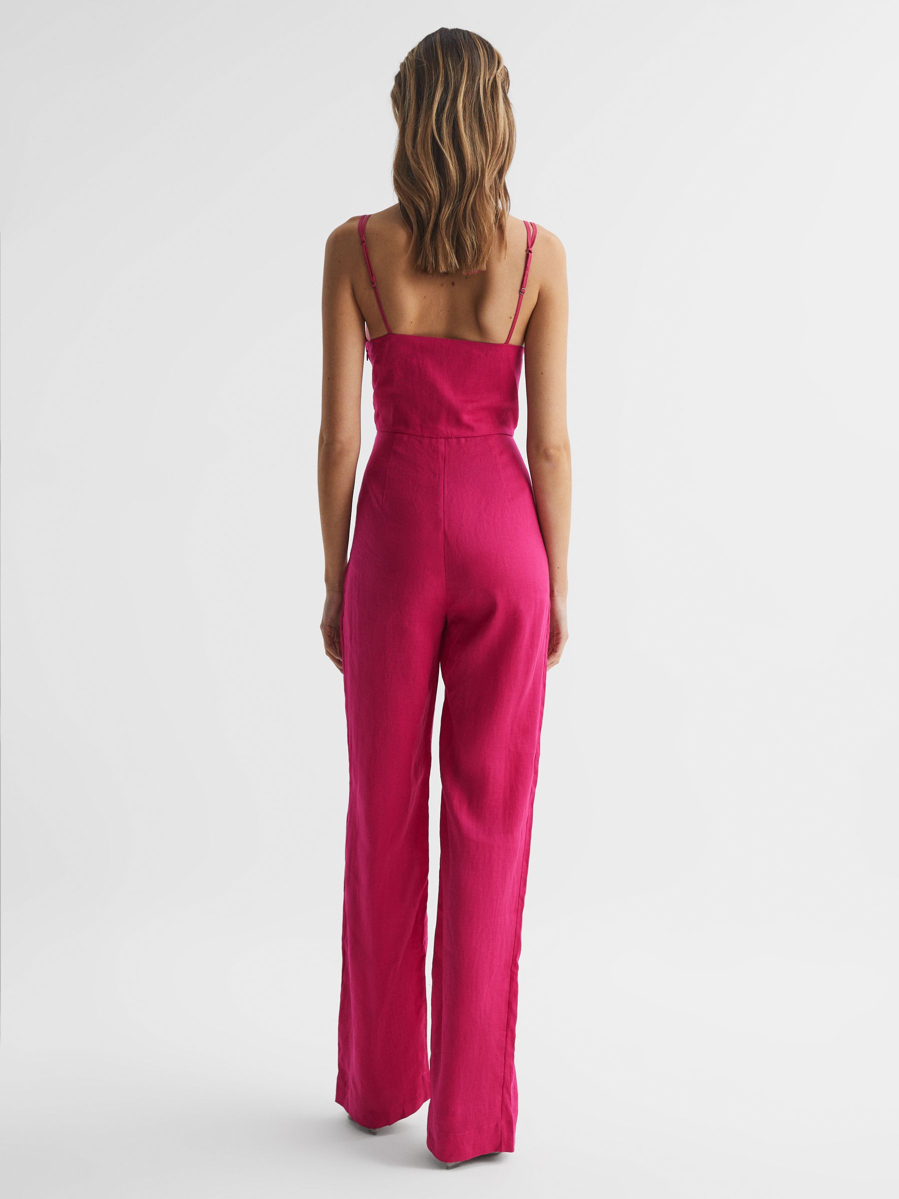 Reiss V-Neck Linen Jumpsuit in Pink - REISS