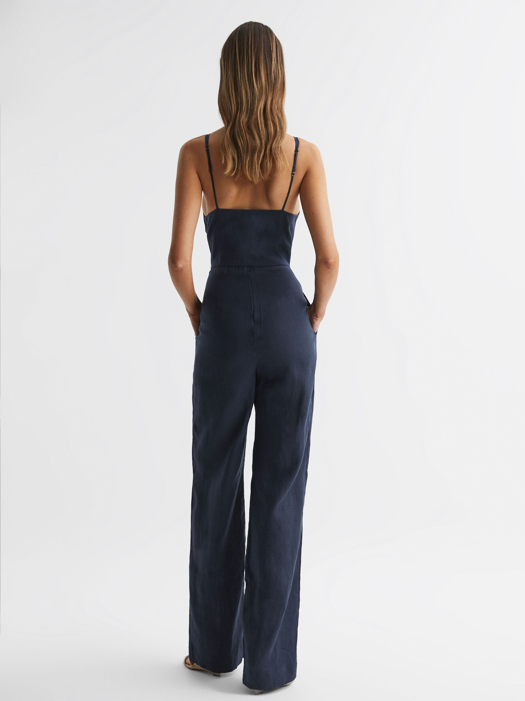Reiss V-Neck Linen Jumpsuit in Navy - REISS