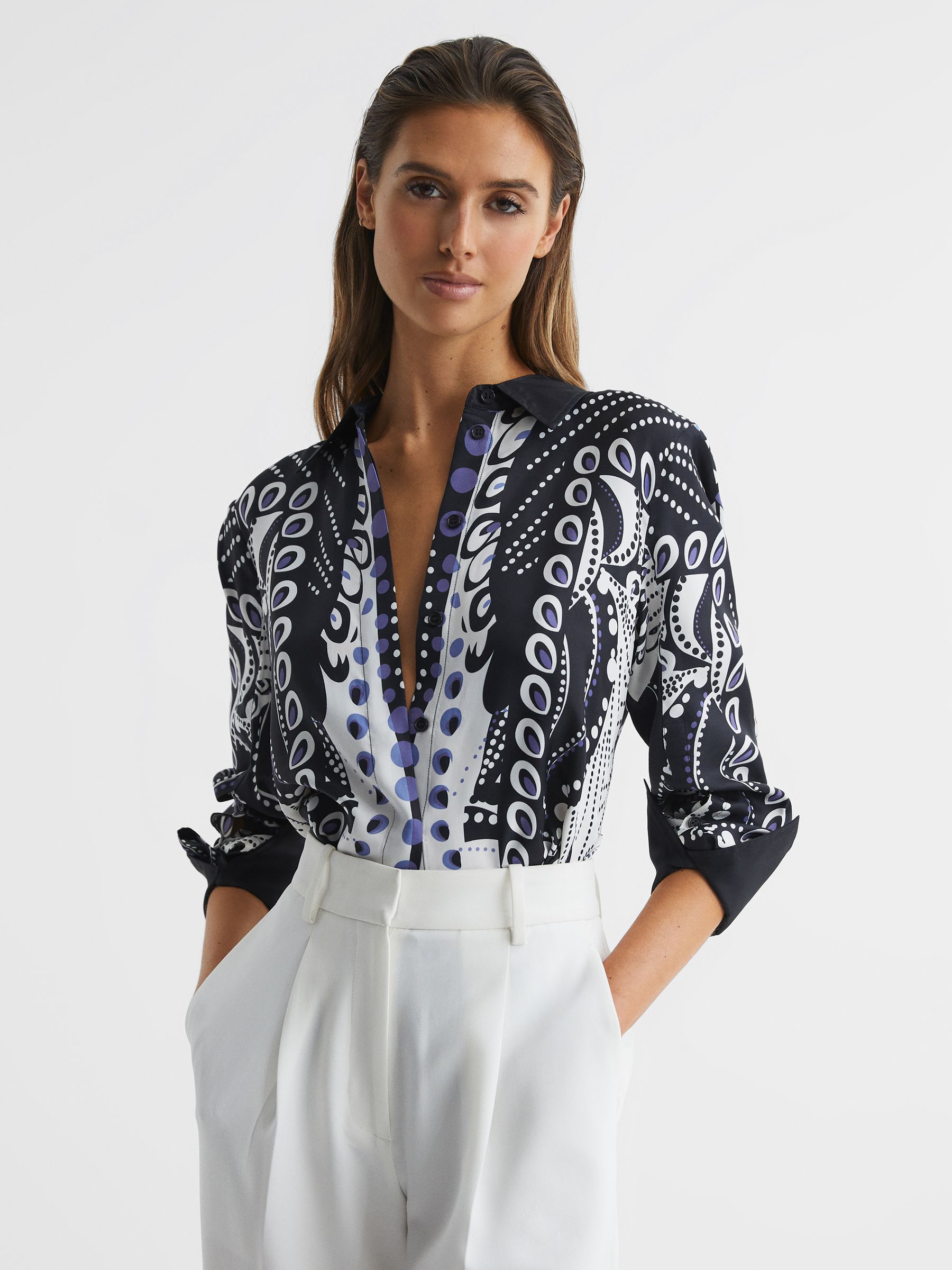 Reiss Scarf Printed Shirt in Navy/White - REISS