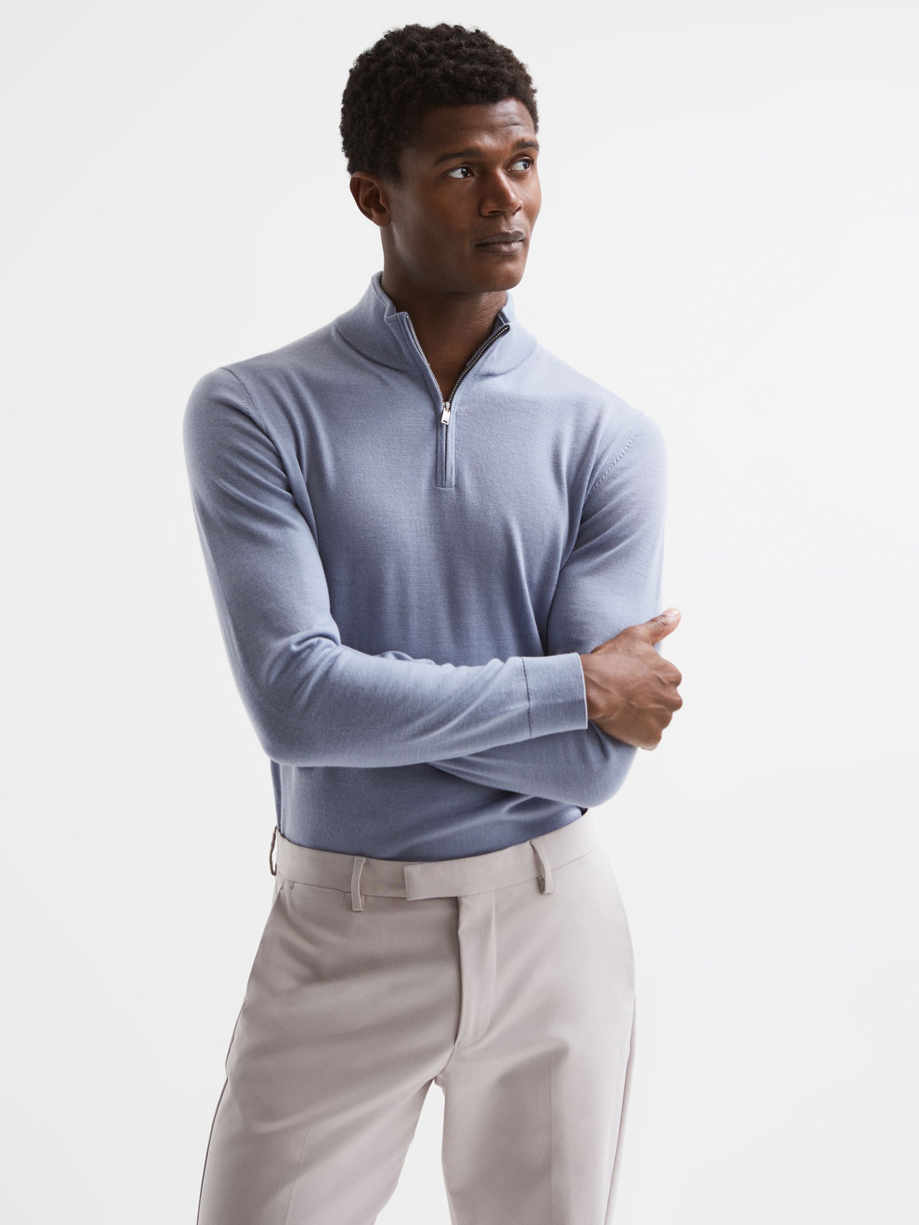 Reiss Merino Wool Zip Neck Jumper in Dove Blue - REISS