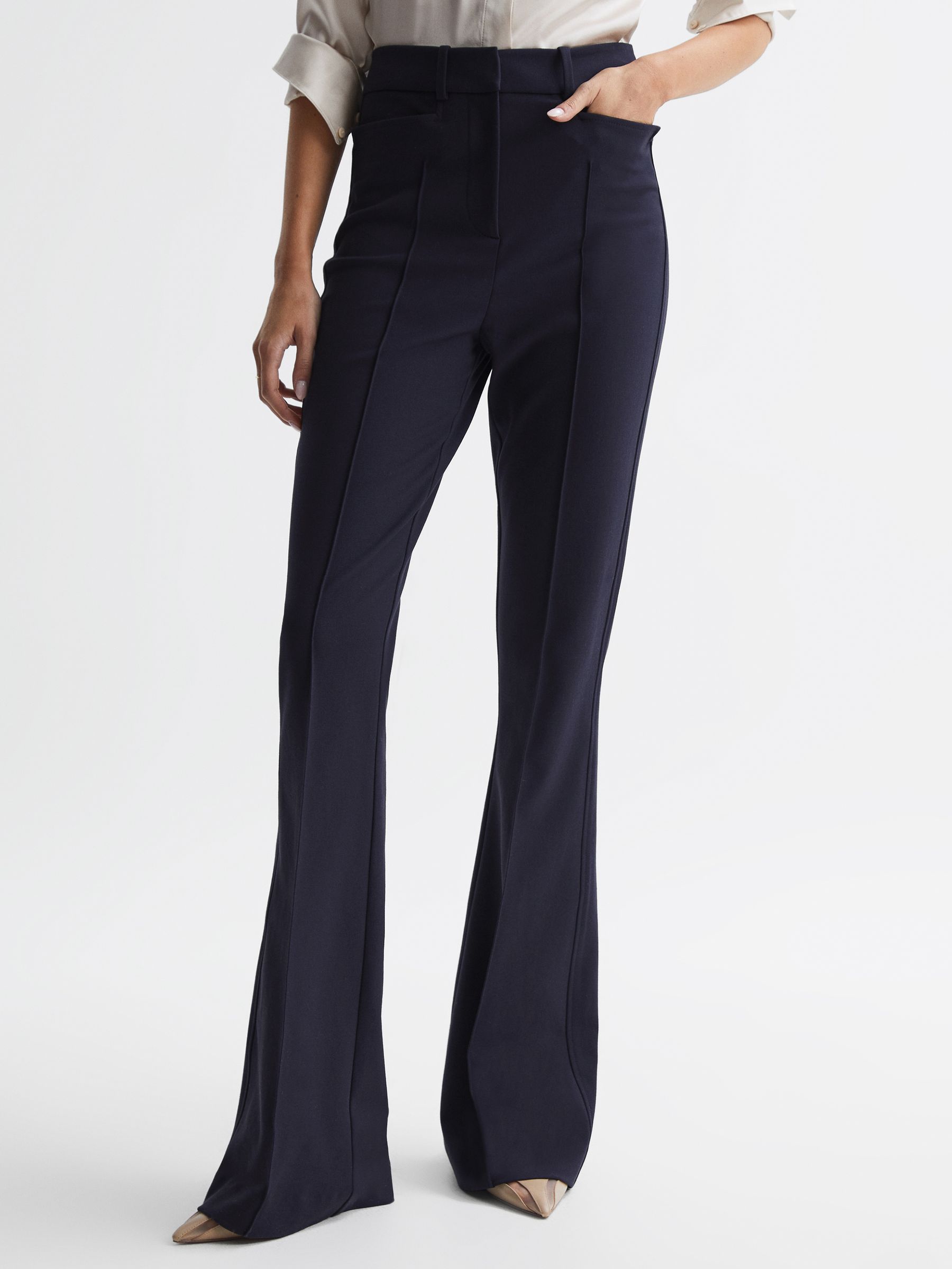 Reiss Petite Flared High Rise Trousers in Navy | REISS
