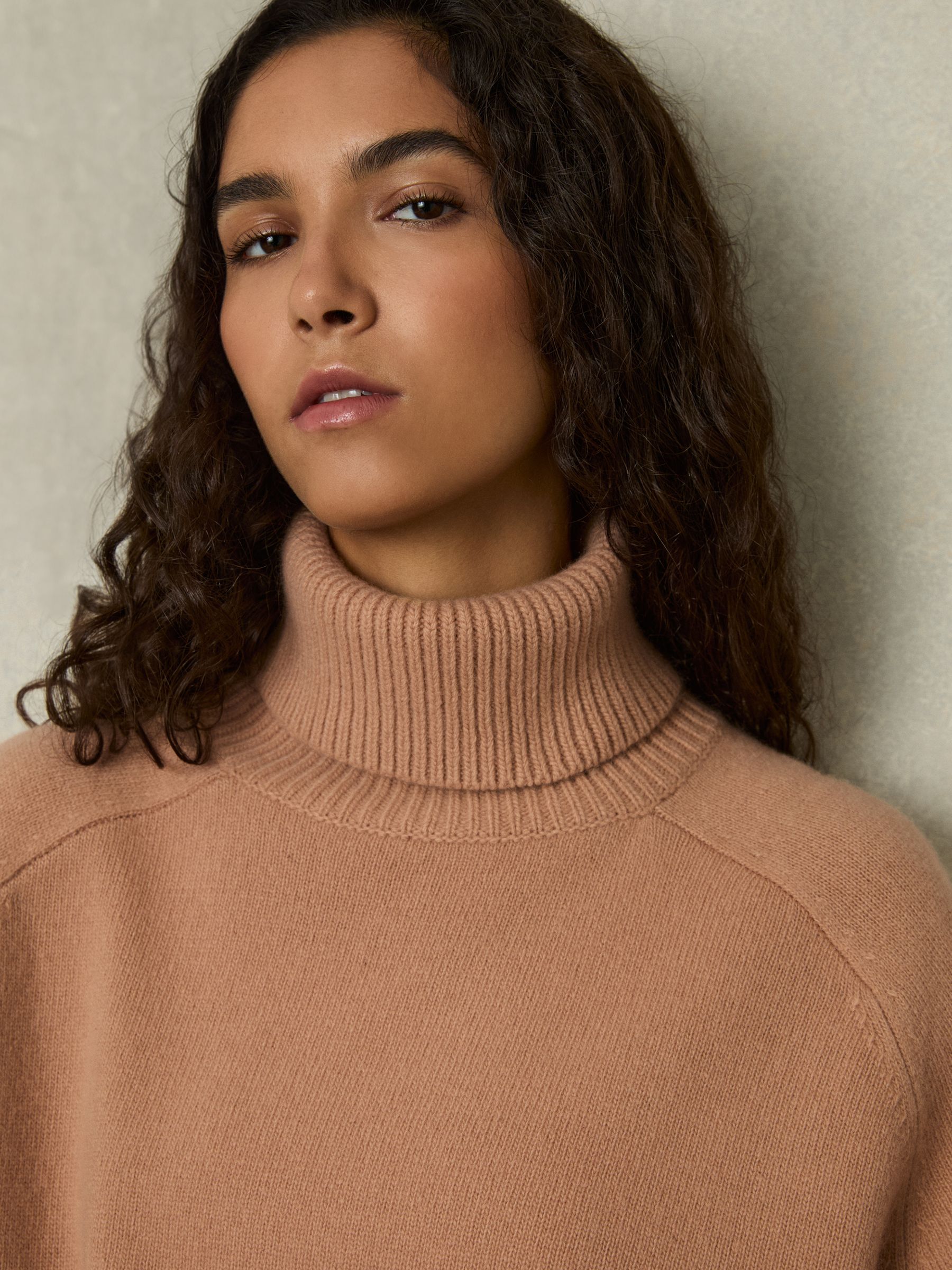 Reiss Relaxed Wool-Cashmere Blend Roll Neck Jumper in Camel | REISS