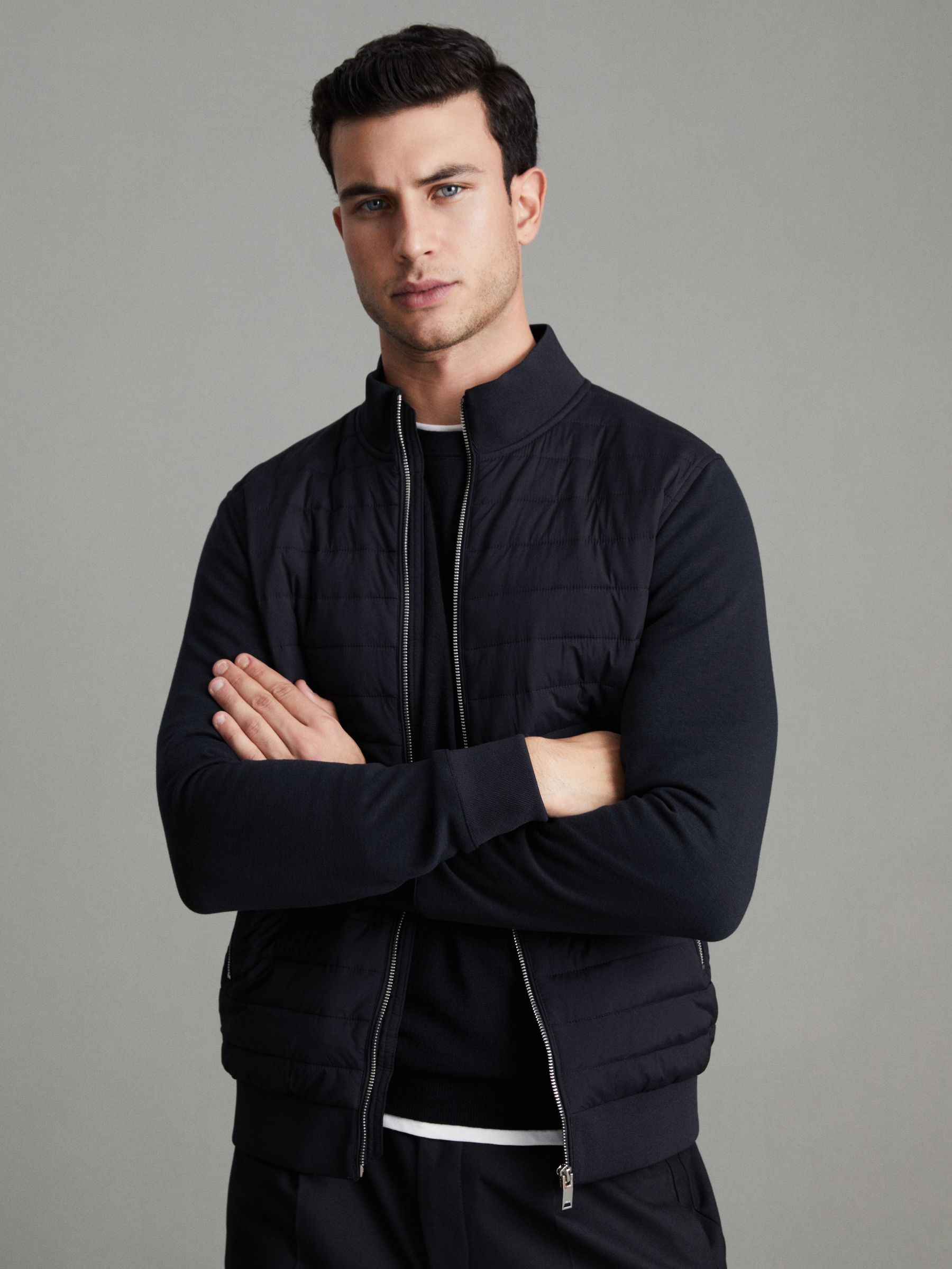 Reiss Hybrid Quilt and Knit Zip-Through Jacket in Navy - REISS
