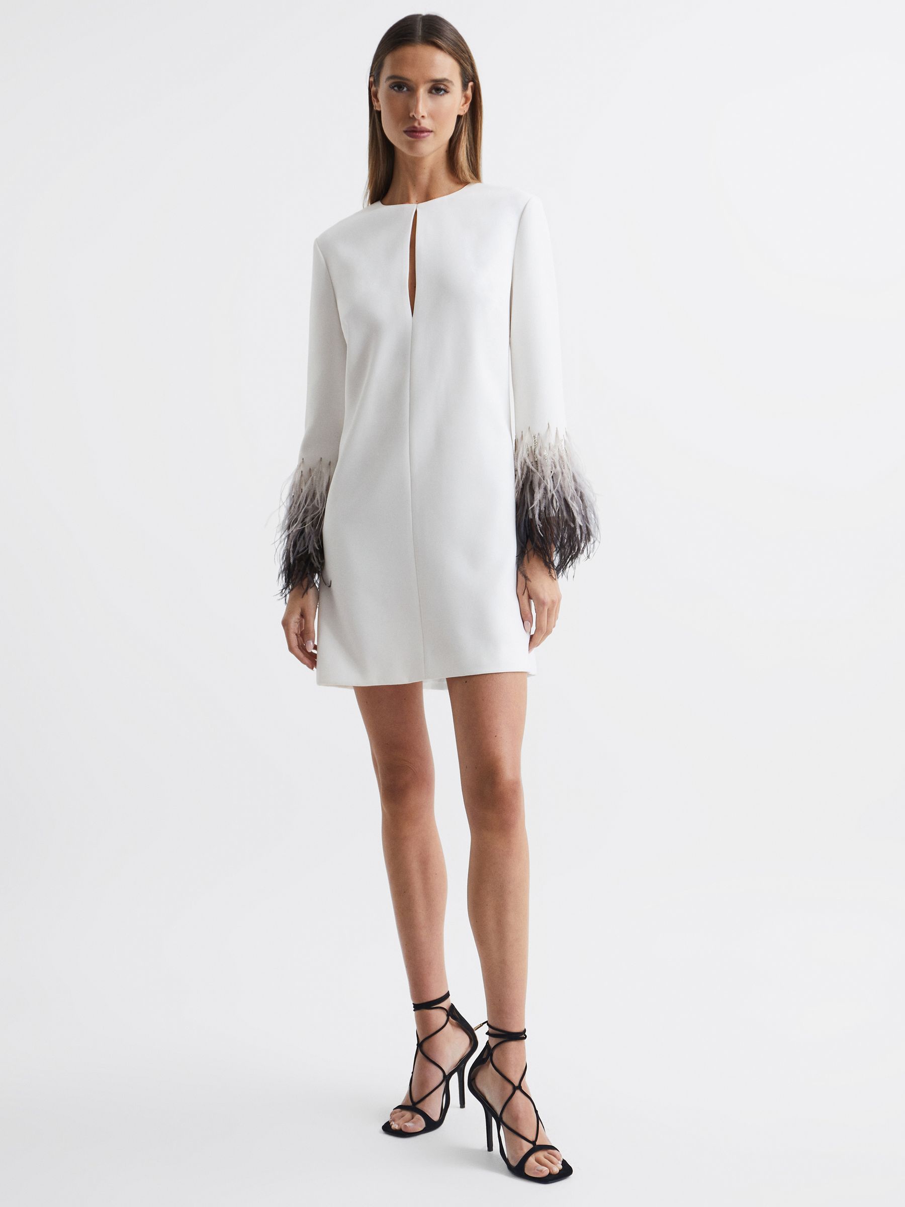 Reiss Halston Tailored Feather Sleeve Mini Dress in White - REISS