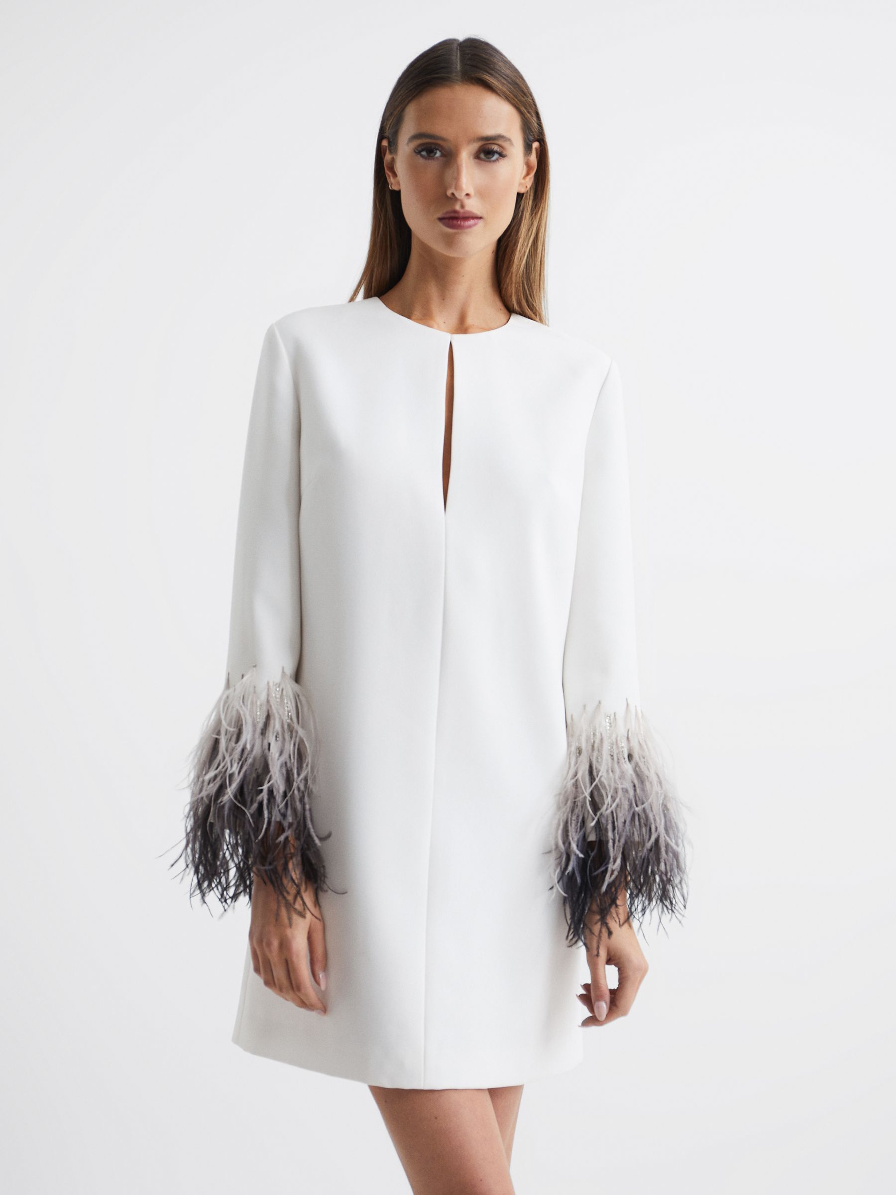 Reiss Halston Tailored Feather Sleeve Mini Dress in White - REISS