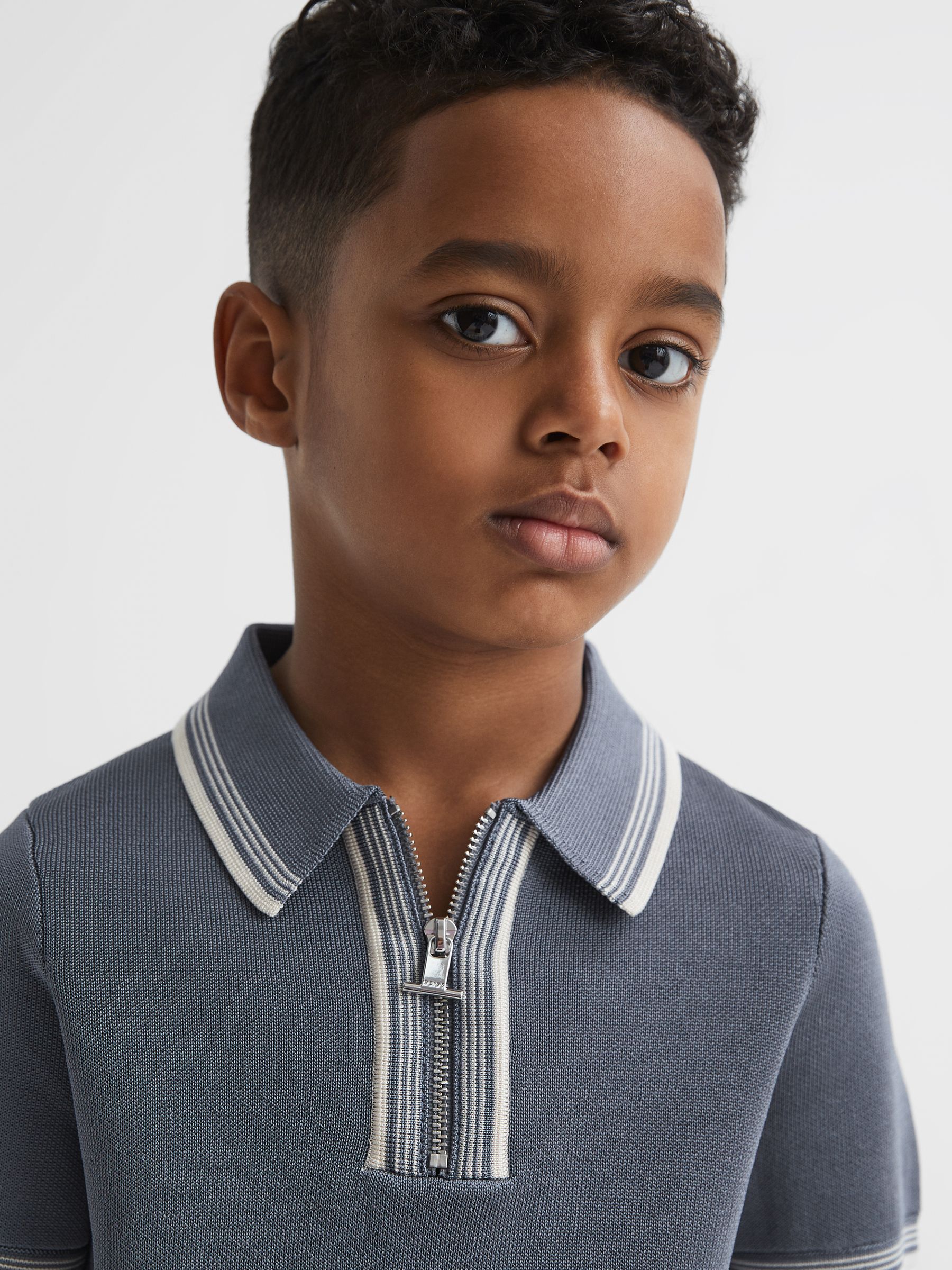 Reiss Senior Half-Zip Striped T-Shirt in Ashley Blue - REISS