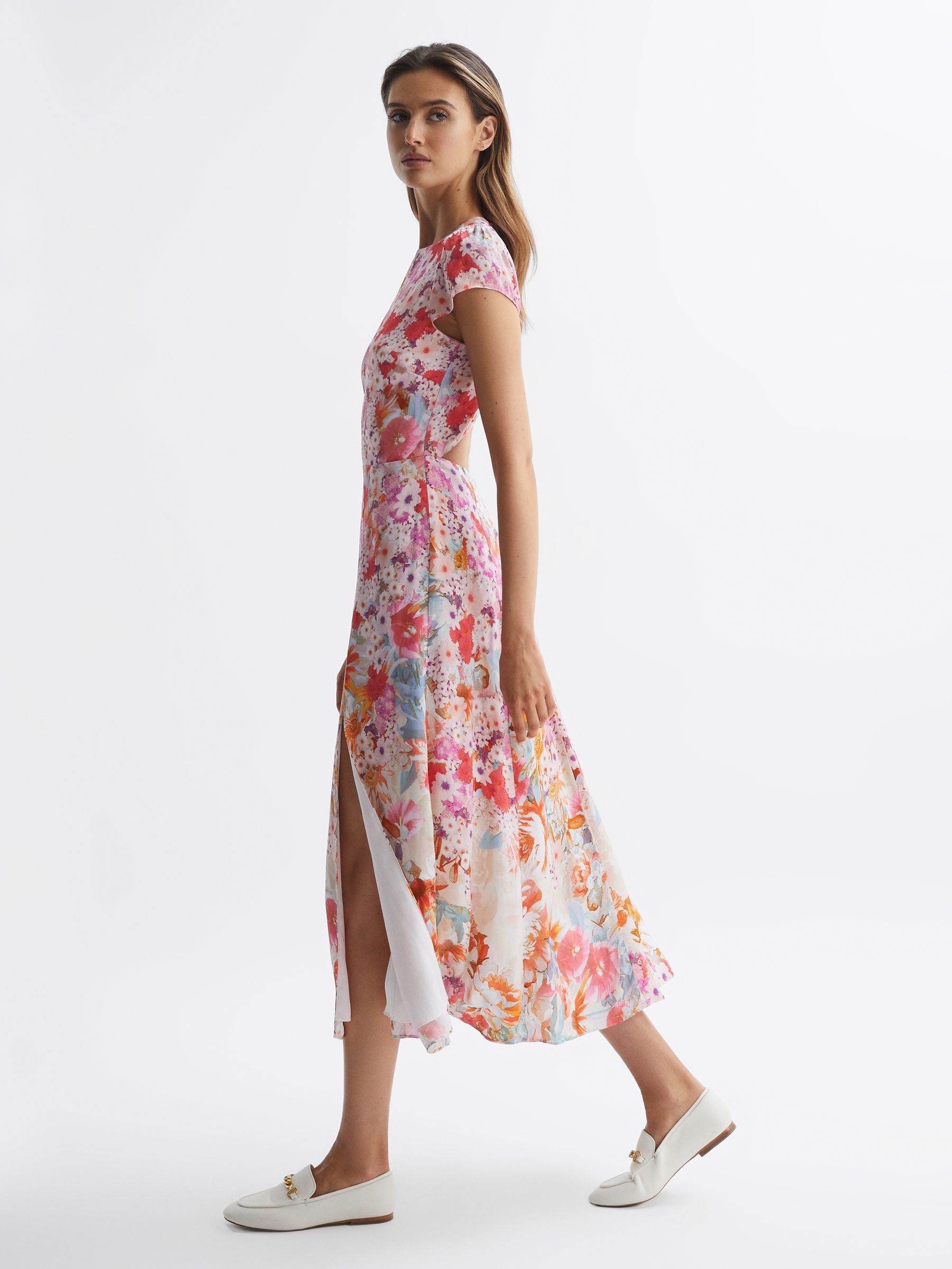 Reiss Floral Print Midi Dress in Pink | REISS