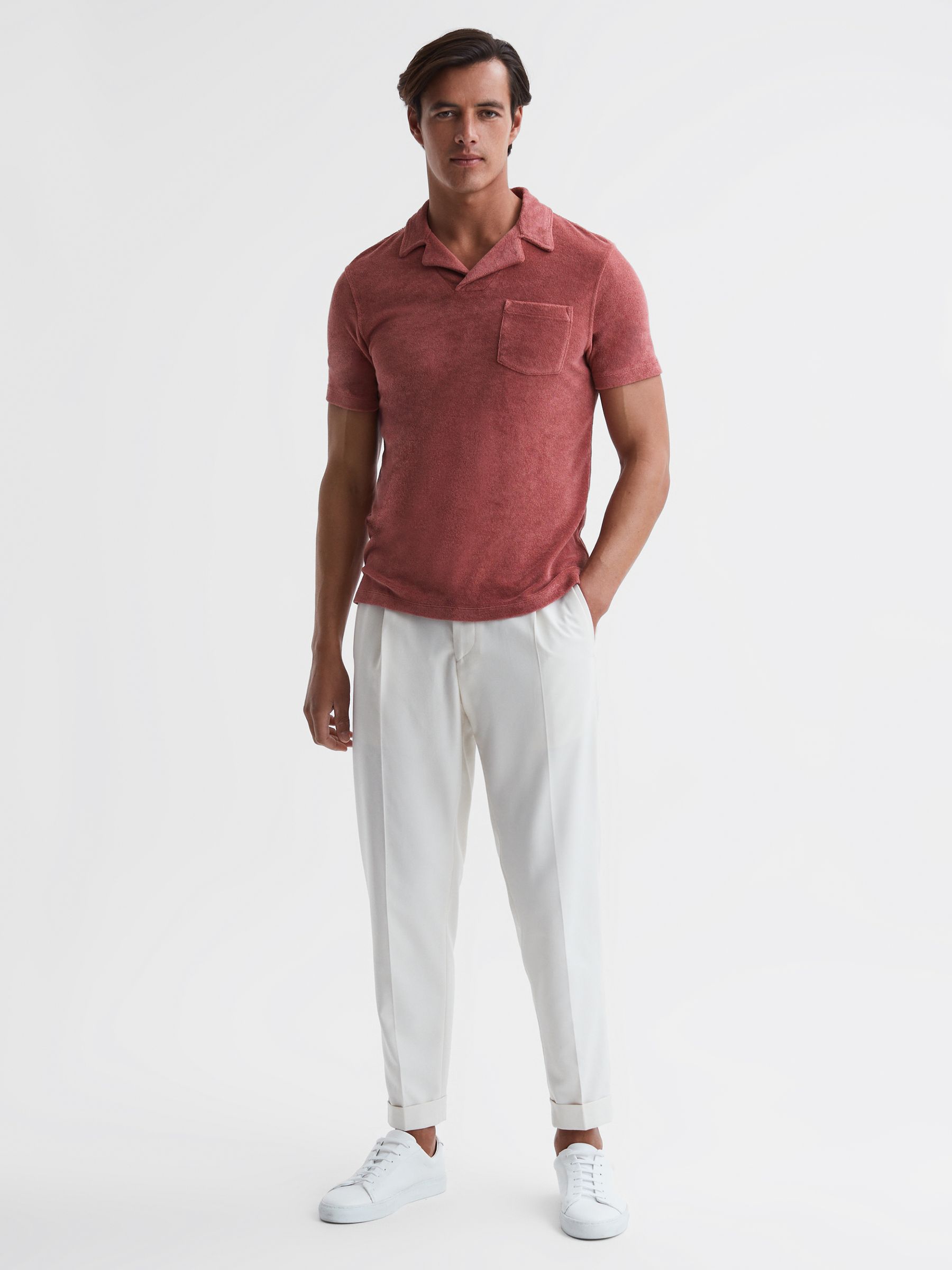 Reiss Towelling Cuban Collar Polo Shirt in Terracotta | REISS