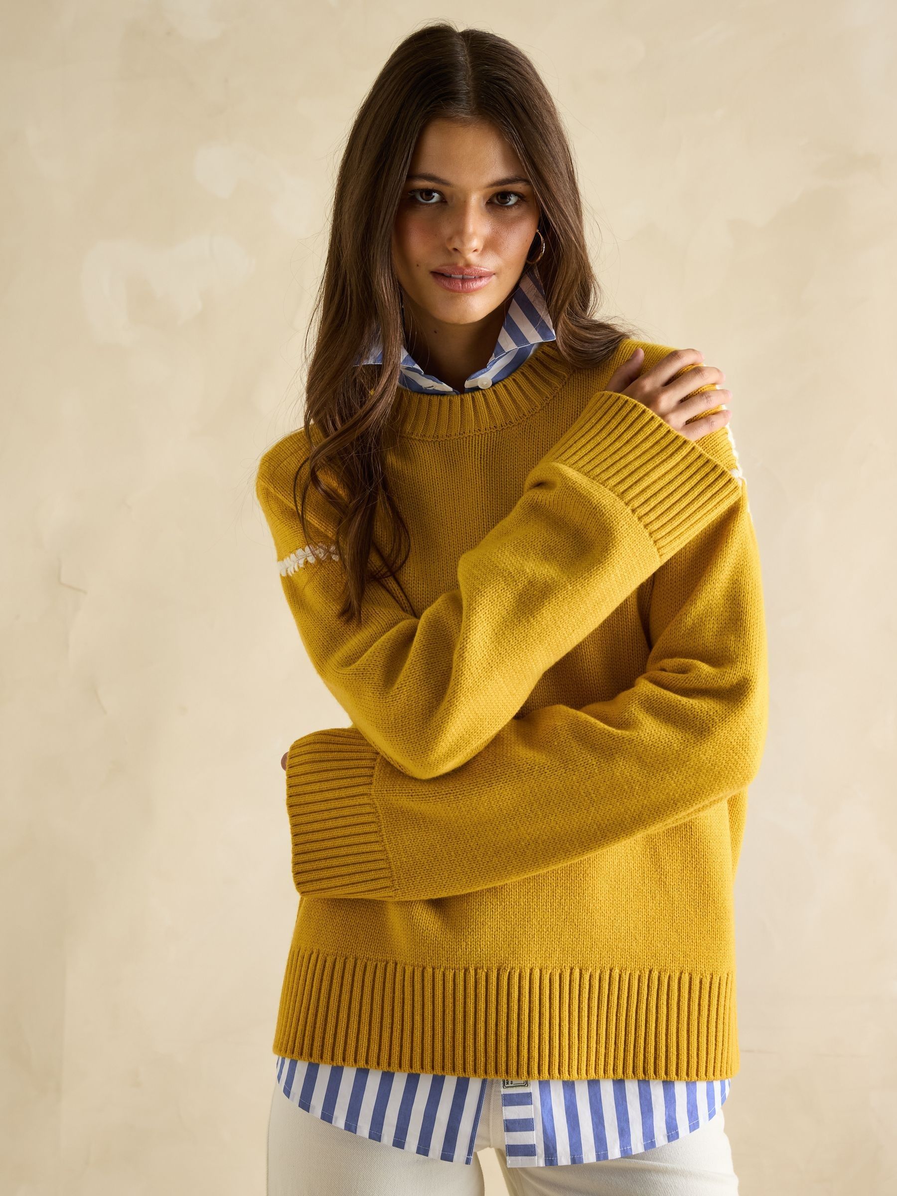 Alexandra Yellow Blanket Stitch Jumper | Joules