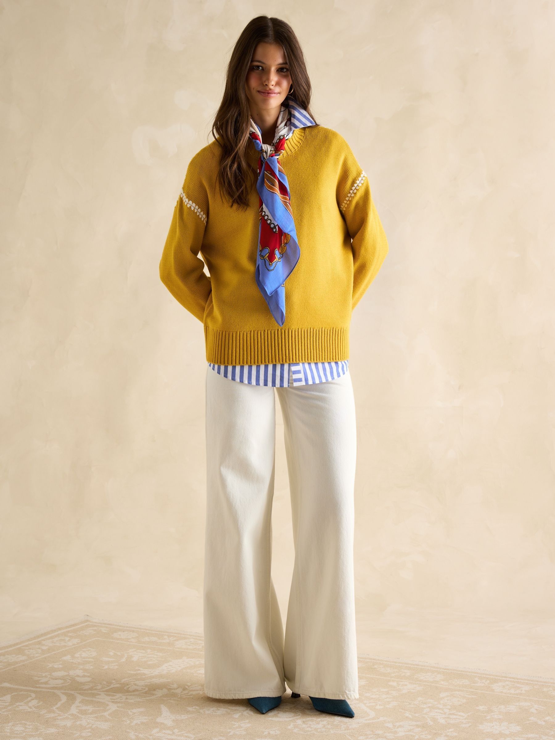 Alexandra Yellow Blanket Stitch Jumper | Joules