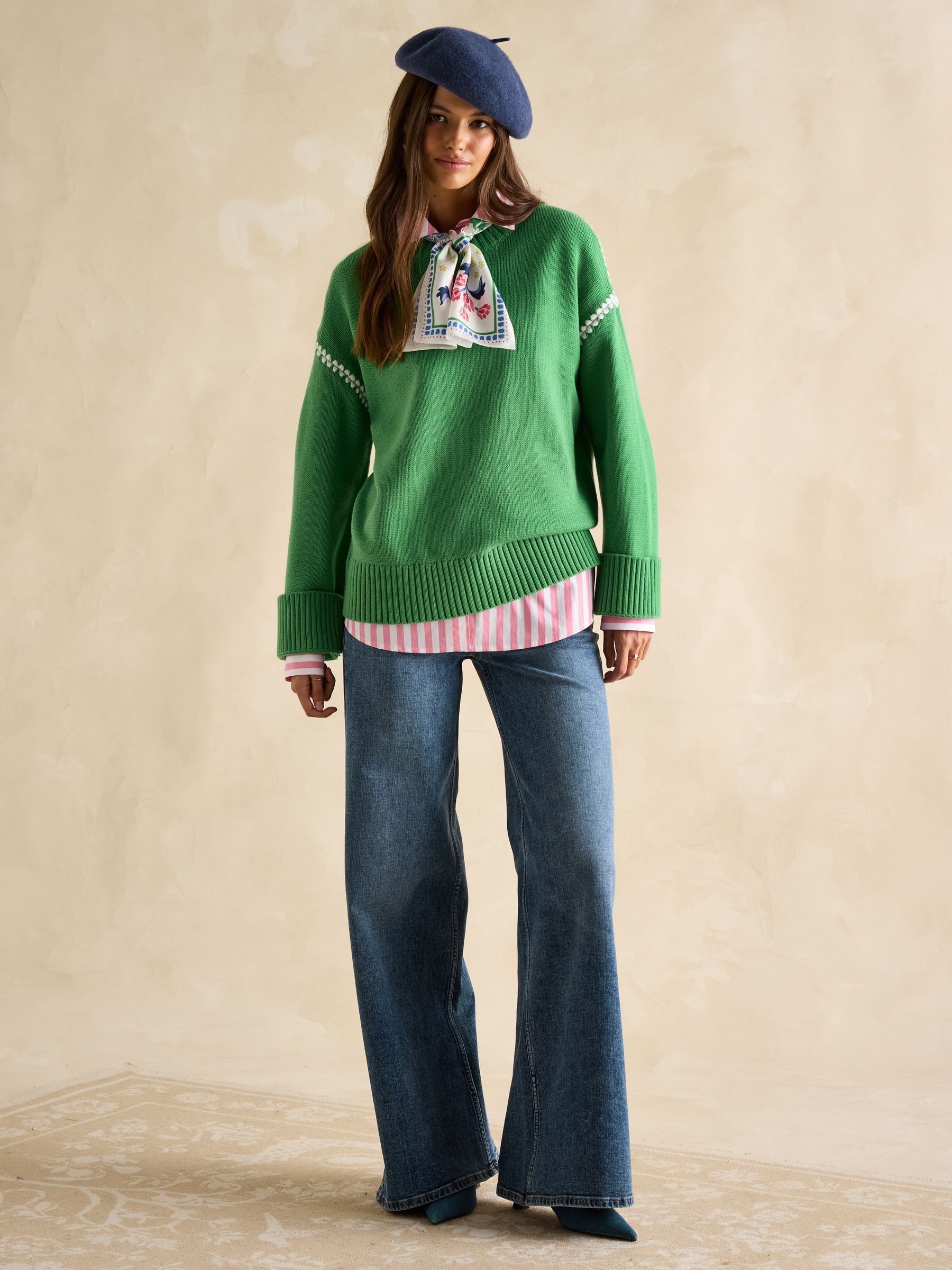 Alexandra Green Blanket Stitch Jumper | Joules
