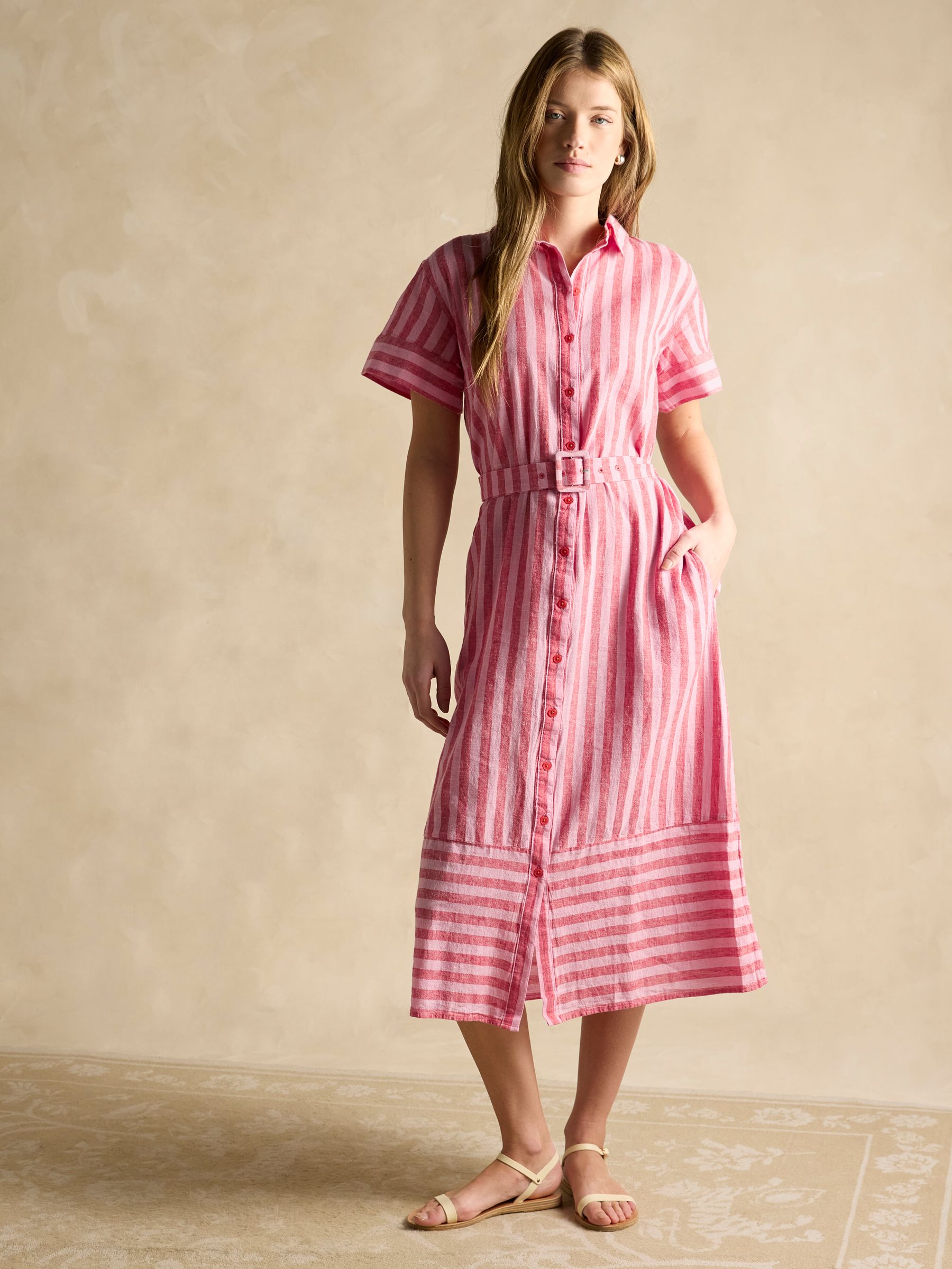 Carrie Red/Pink Stripe Linen & Cotton Belted Shirt Dress | Joules