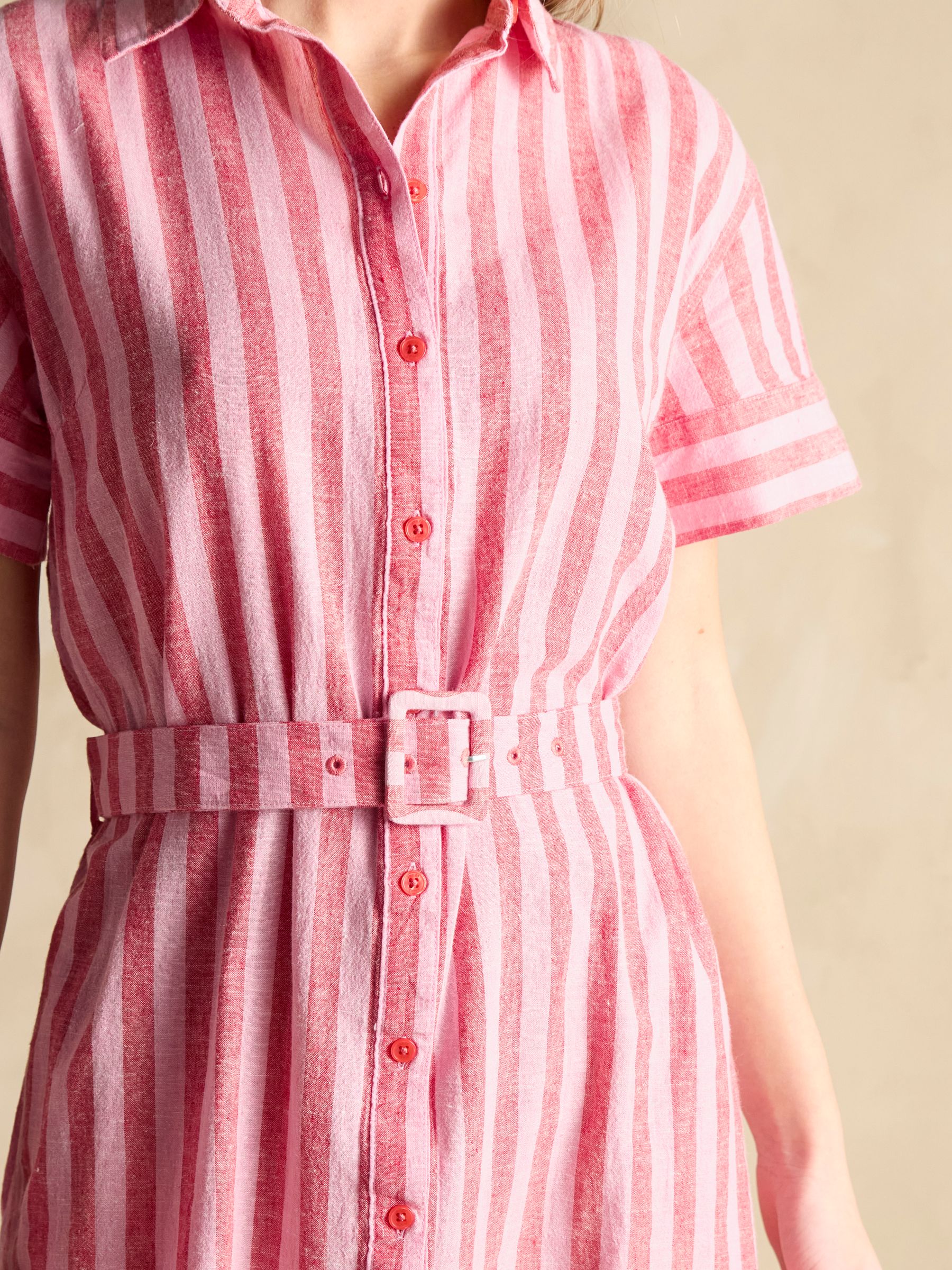 Carrie Red/Pink Stripe Linen & Cotton Belted Shirt Dress | Joules