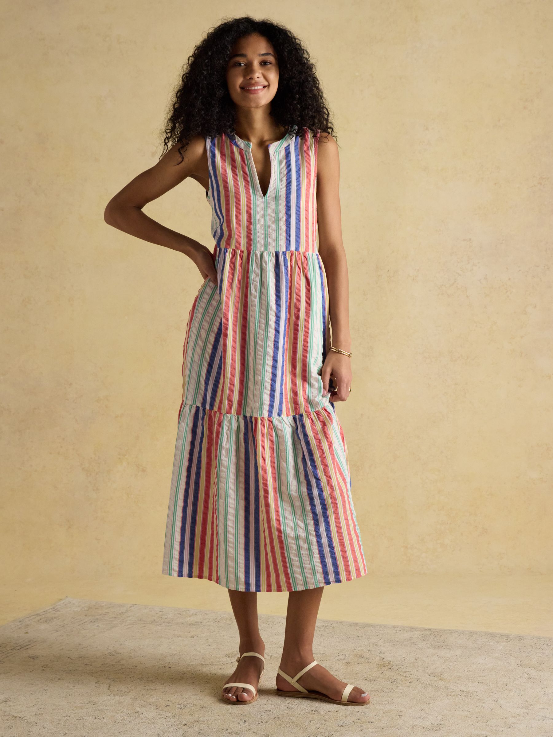 Kiera Red Striped Tiered Summer Dress | Joules